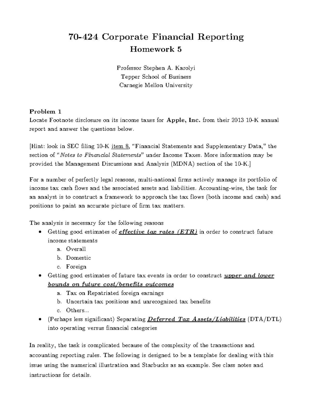 Homework 5 - U - CFR - 70-424 Corporate Financial Reporting Homework 5 ...