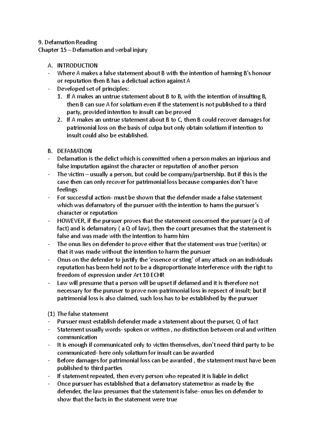 9. Defamation Reading - Delictual Liability - Defamation Reading ...