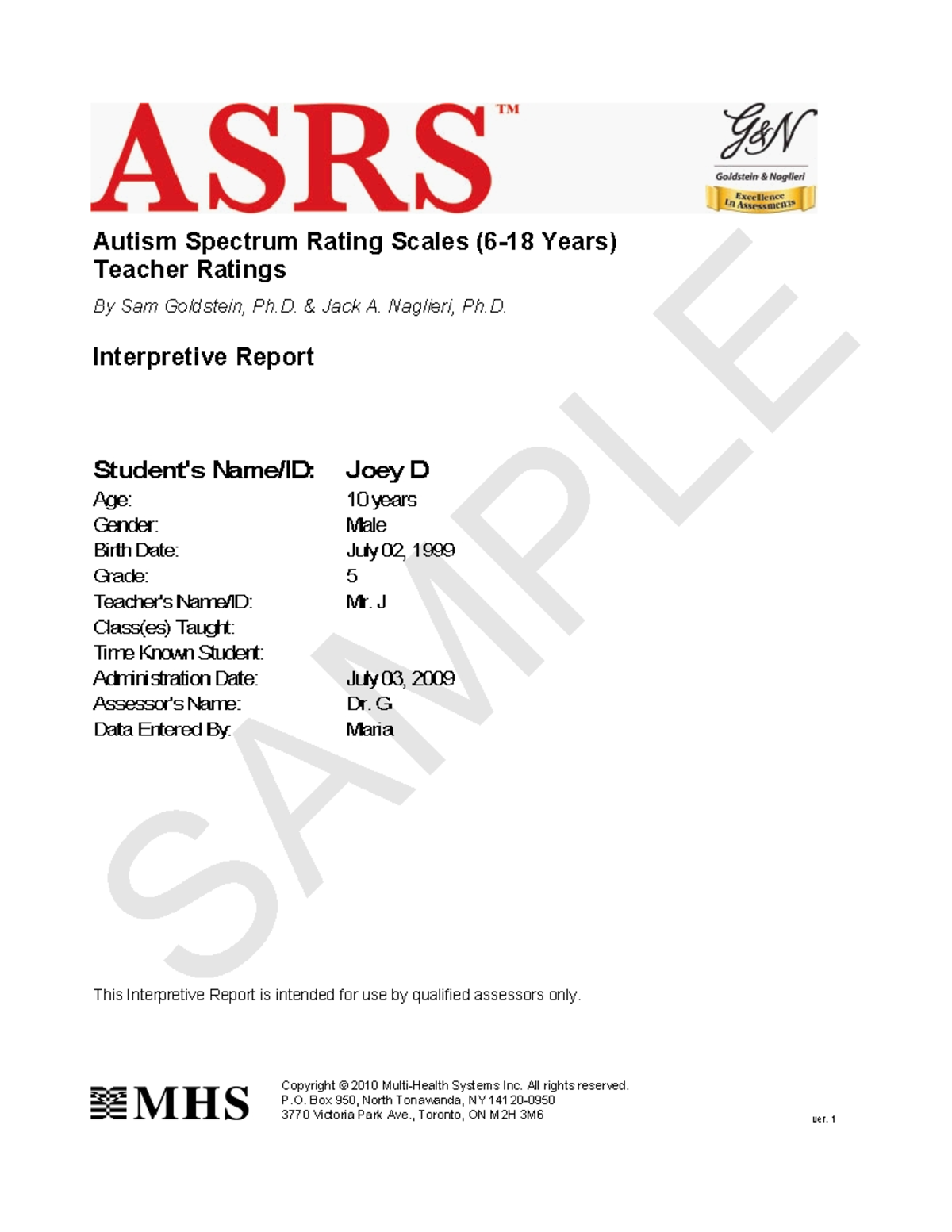 ASRS Interpretive Report Teacher 6 18 Years - Interpretive Report By ...