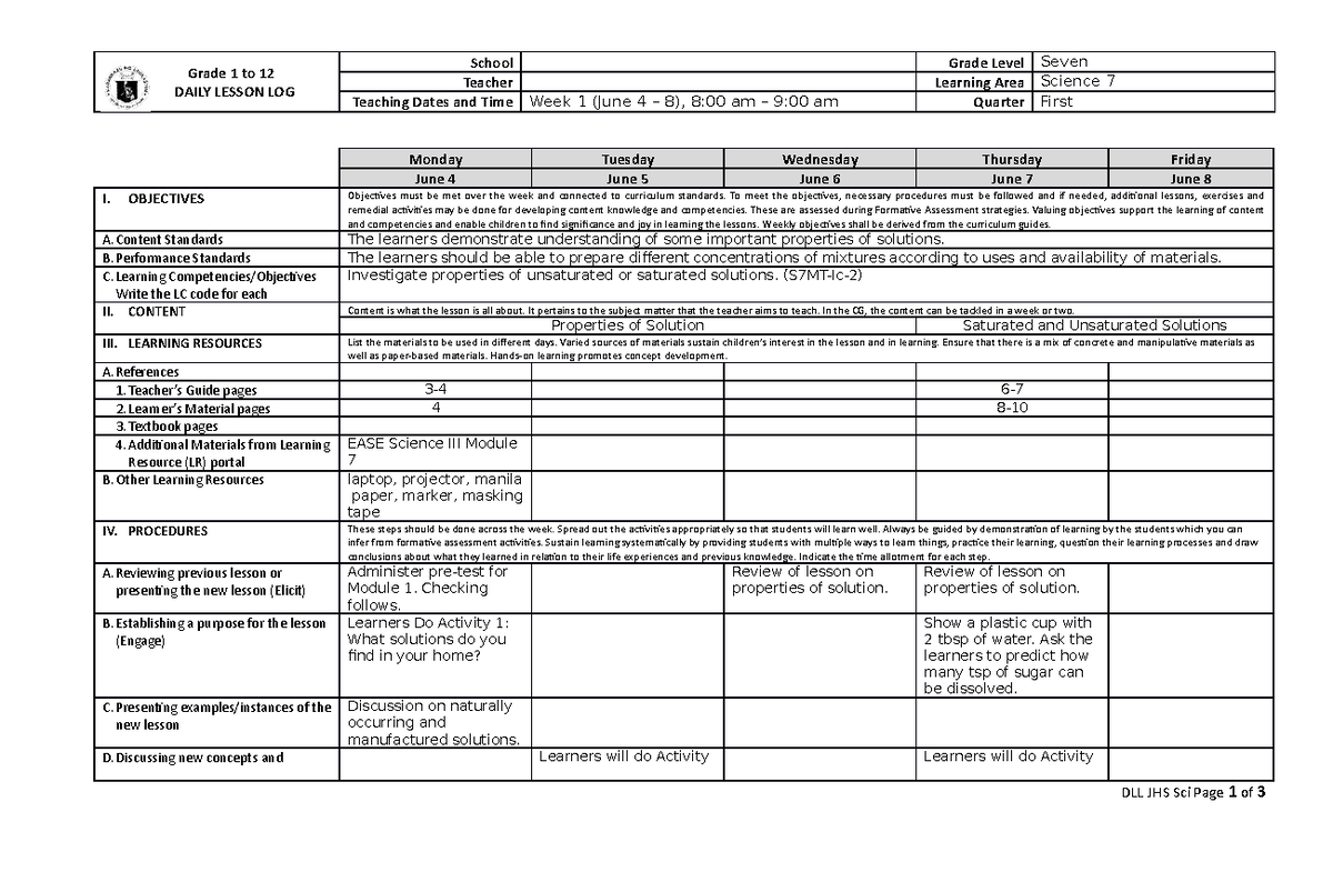 daily log for science - Grade 1 to 12 DAILY LESSON LOG School Grade ...