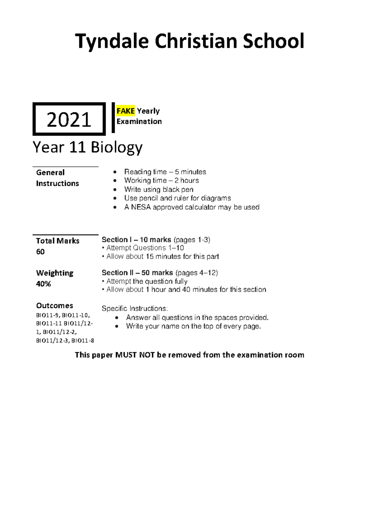 2021 Fake Year 11 Biology Exam - Name: - Studocu