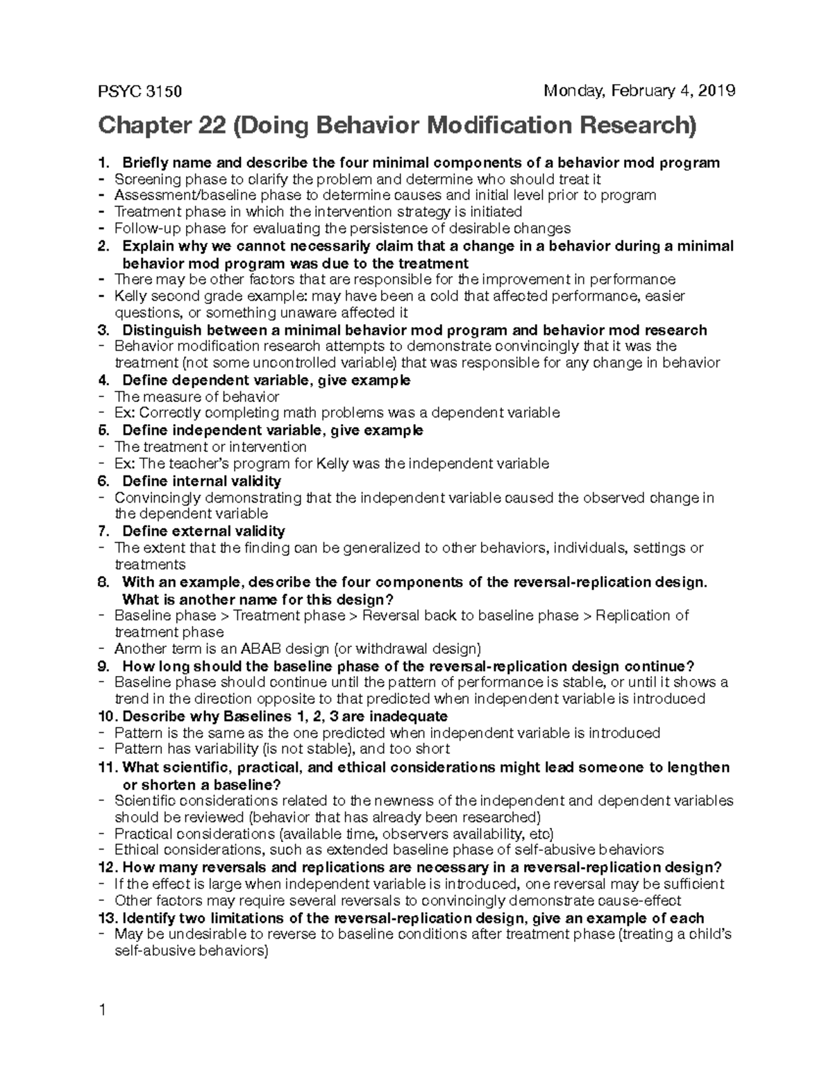 Chapter 22 Practice Questions - PSYC 3150 Monday, February 4, 2019 Chapter 22 (Doing Behavior ...