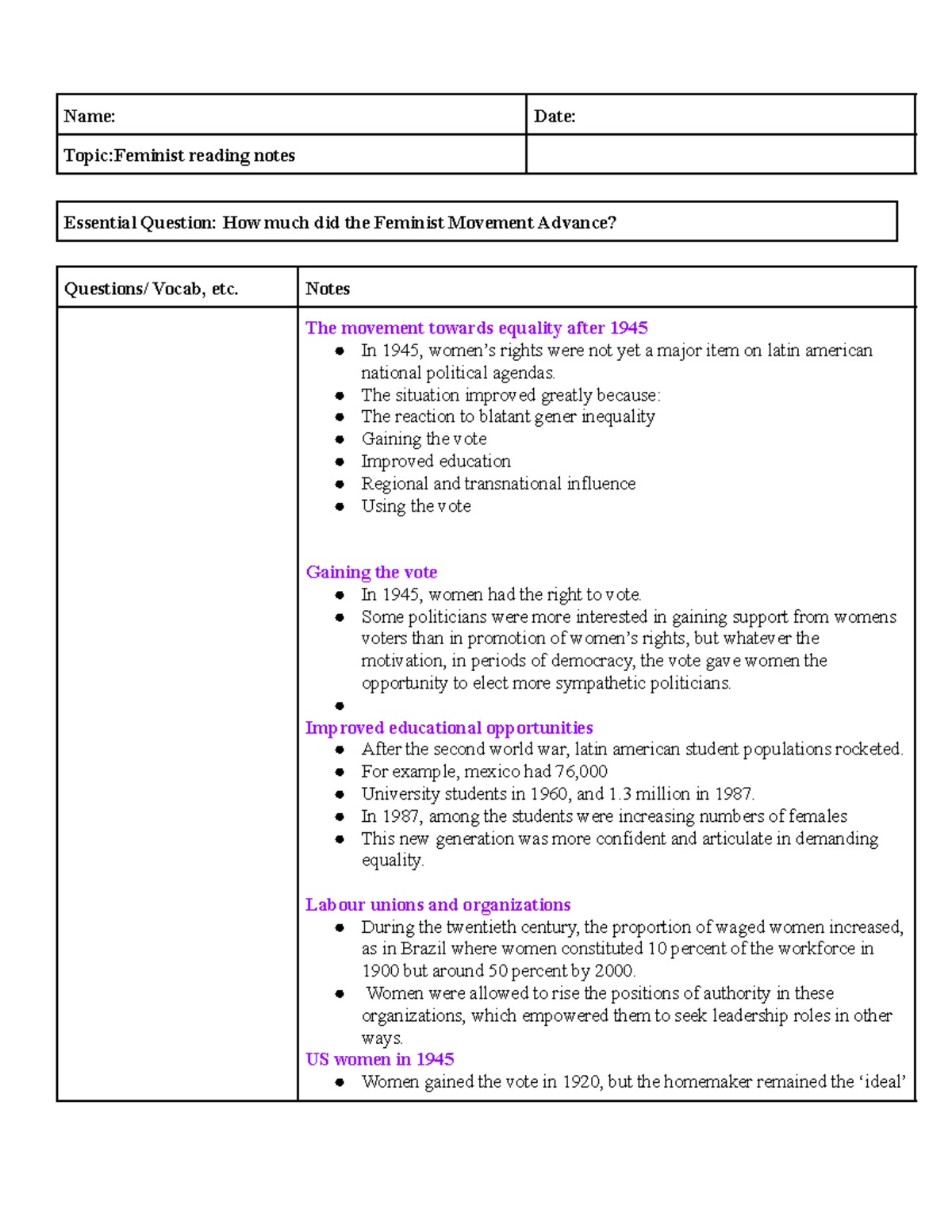 Feminist Reading Cornell Notes - Name: Date: Topic:Feminist reading ...