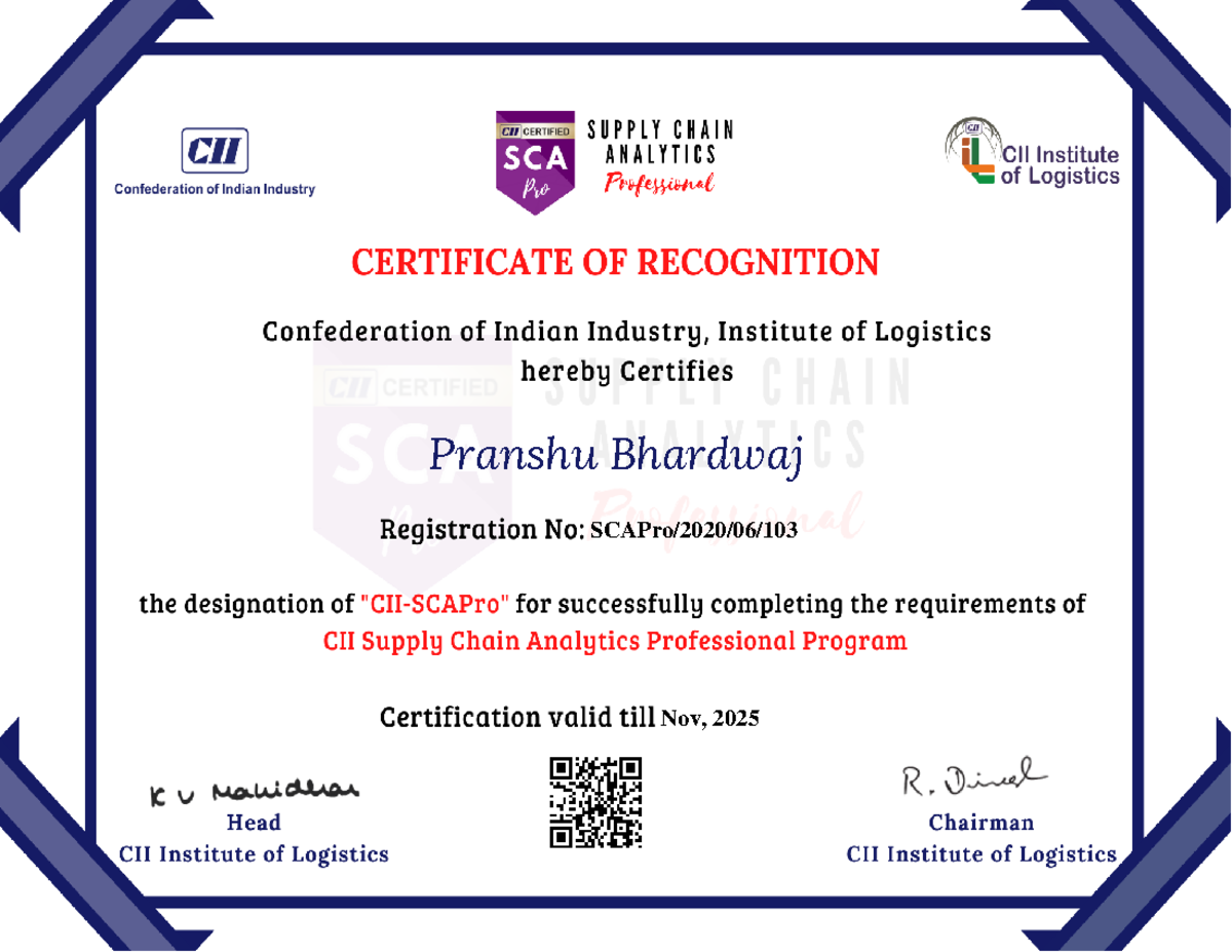 Pranshu Bhardwaj CII SCAPro - CII CERTIFIED SUPPLY CHAIN CII SCA ...