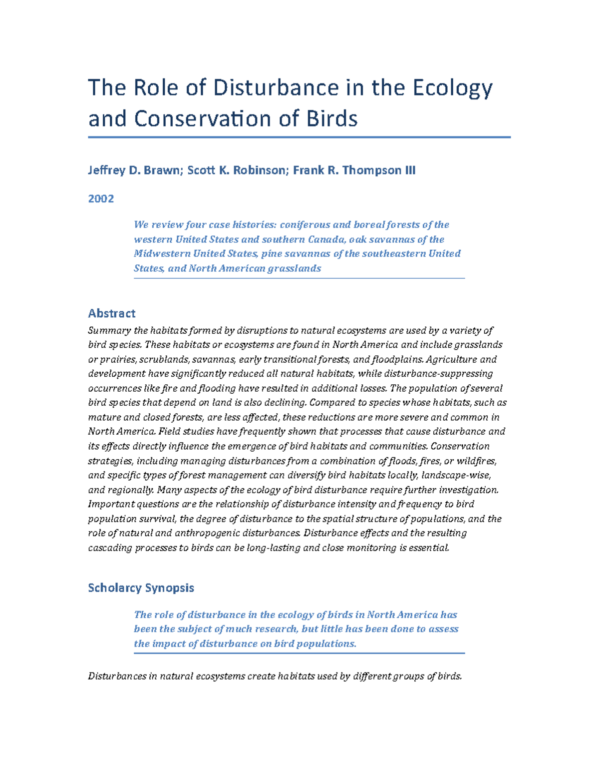 Brawn et al 2011 Disturbance and bird conservation - The Role of ...