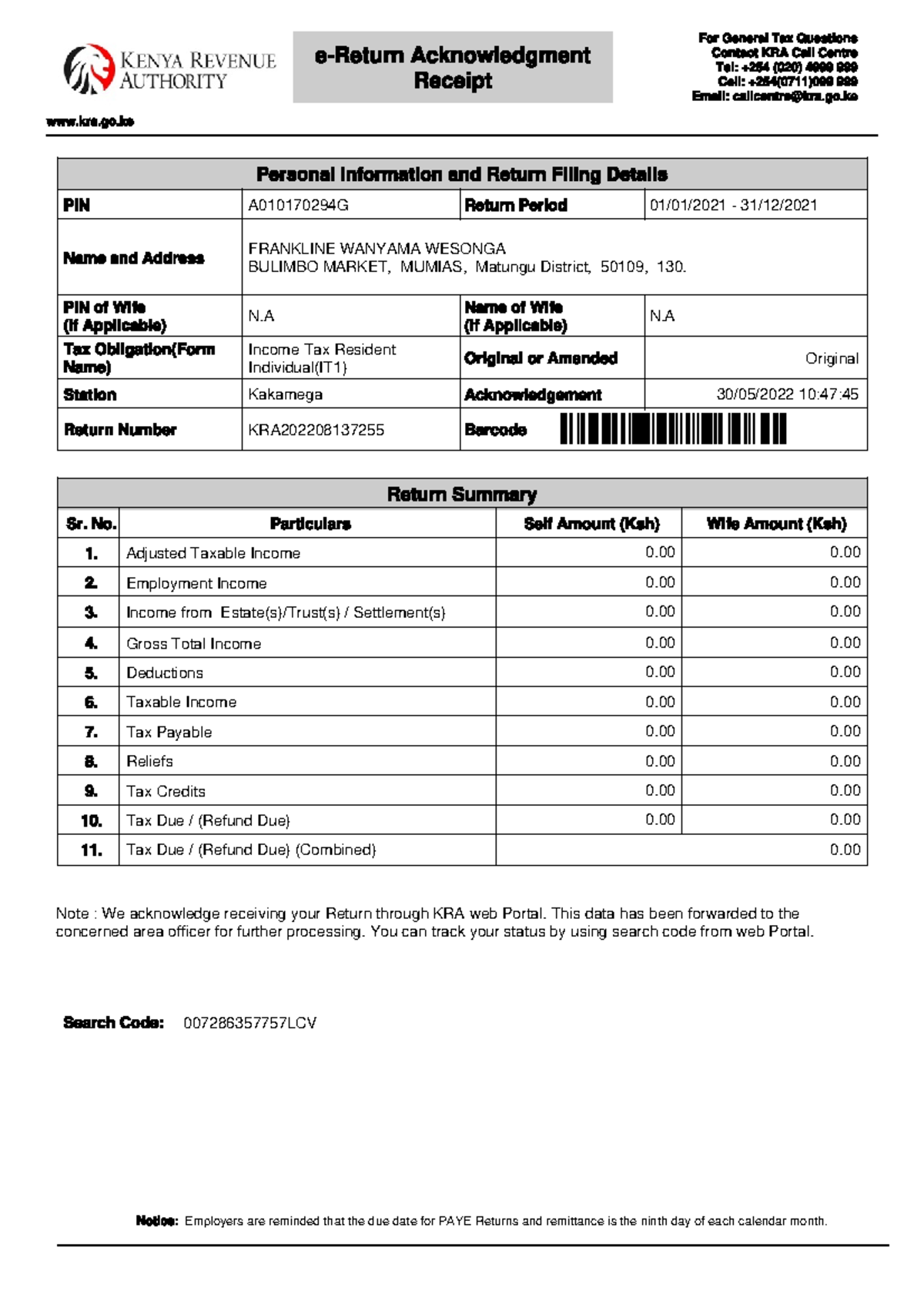 Receipt 12 - None - For General Tax QuestionsContact KRA Call Centre ...