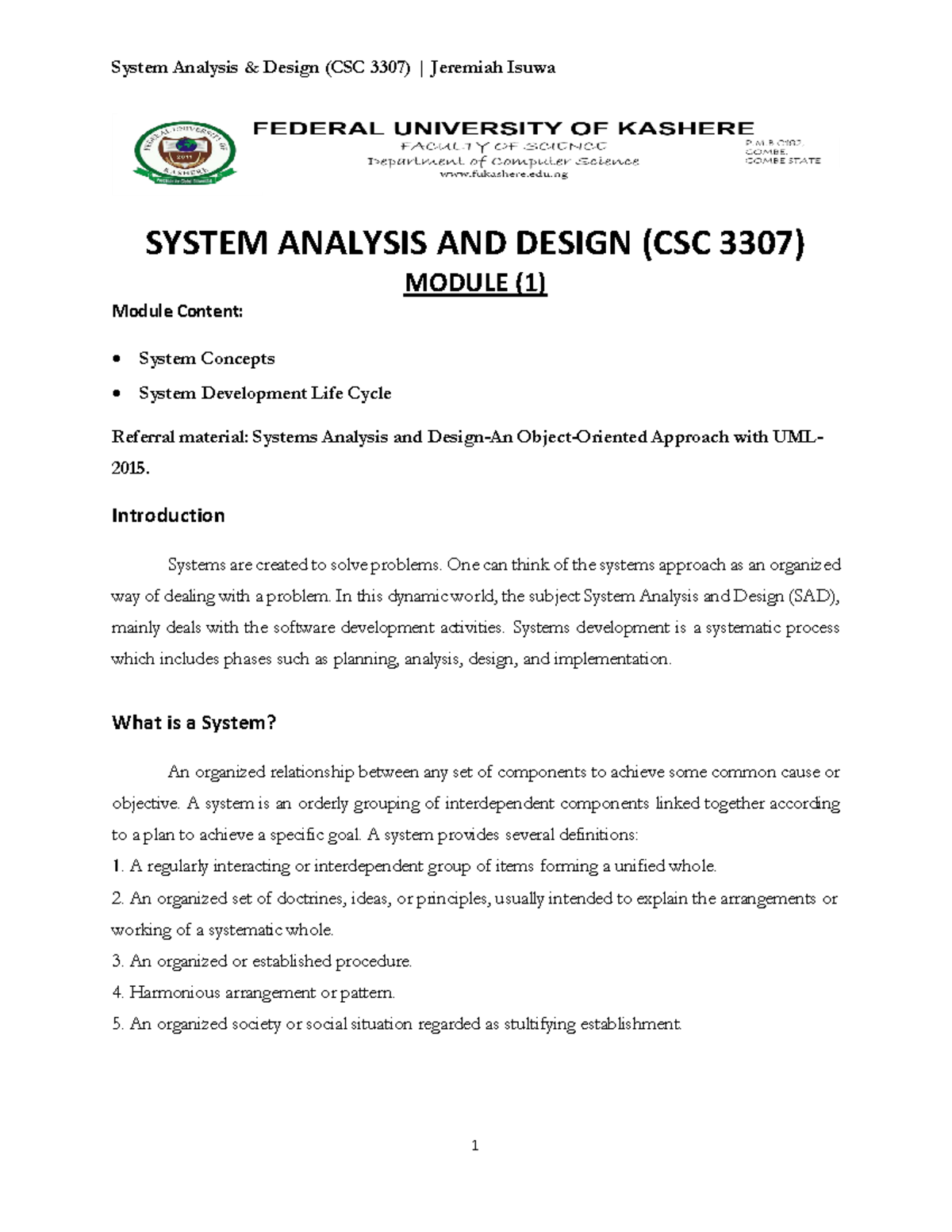 Csc3307 Sad Lecture Note System Analysis And Design Csc 3307 Module