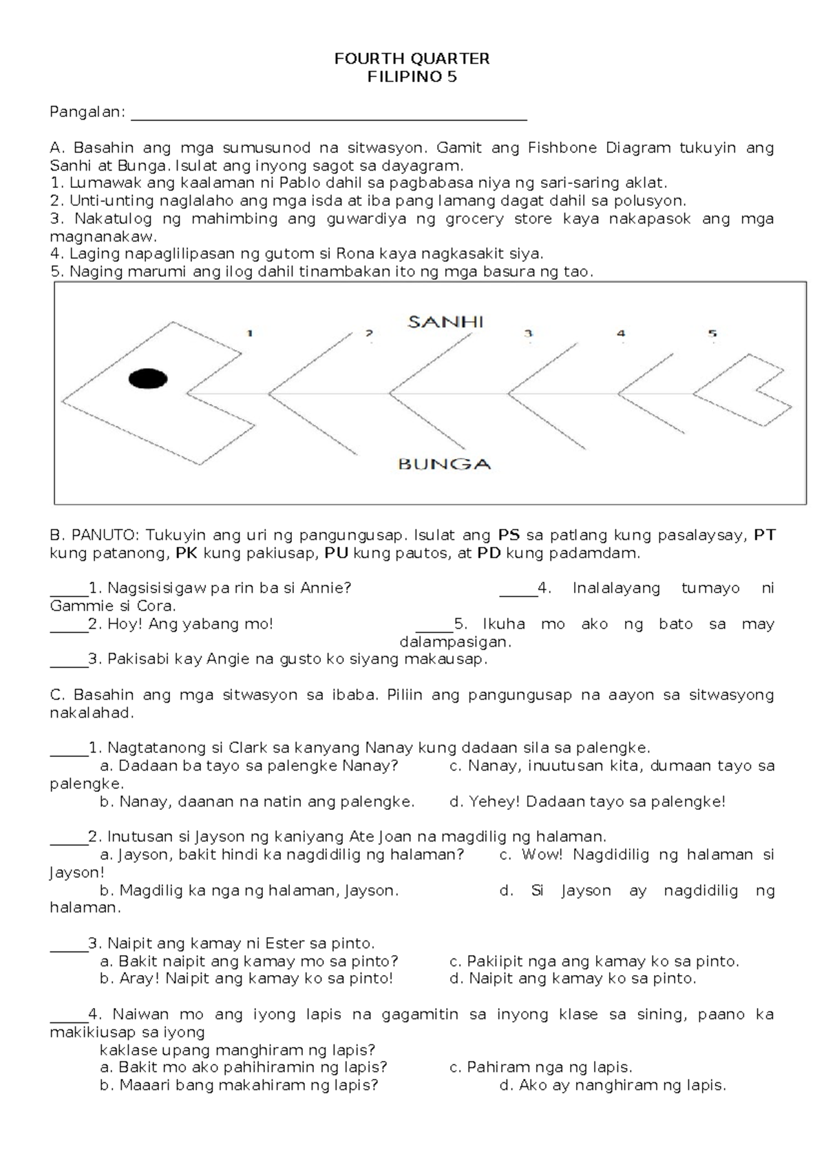 Fil 5 activity - FOURTH QUARTER FILIPINO 5 Pangalan: - Studocu