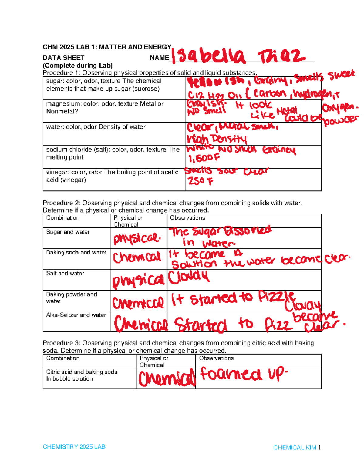 Lab01 athome copy - Lab work at home - CHM 2025 LAB 1: MATTER AND ...