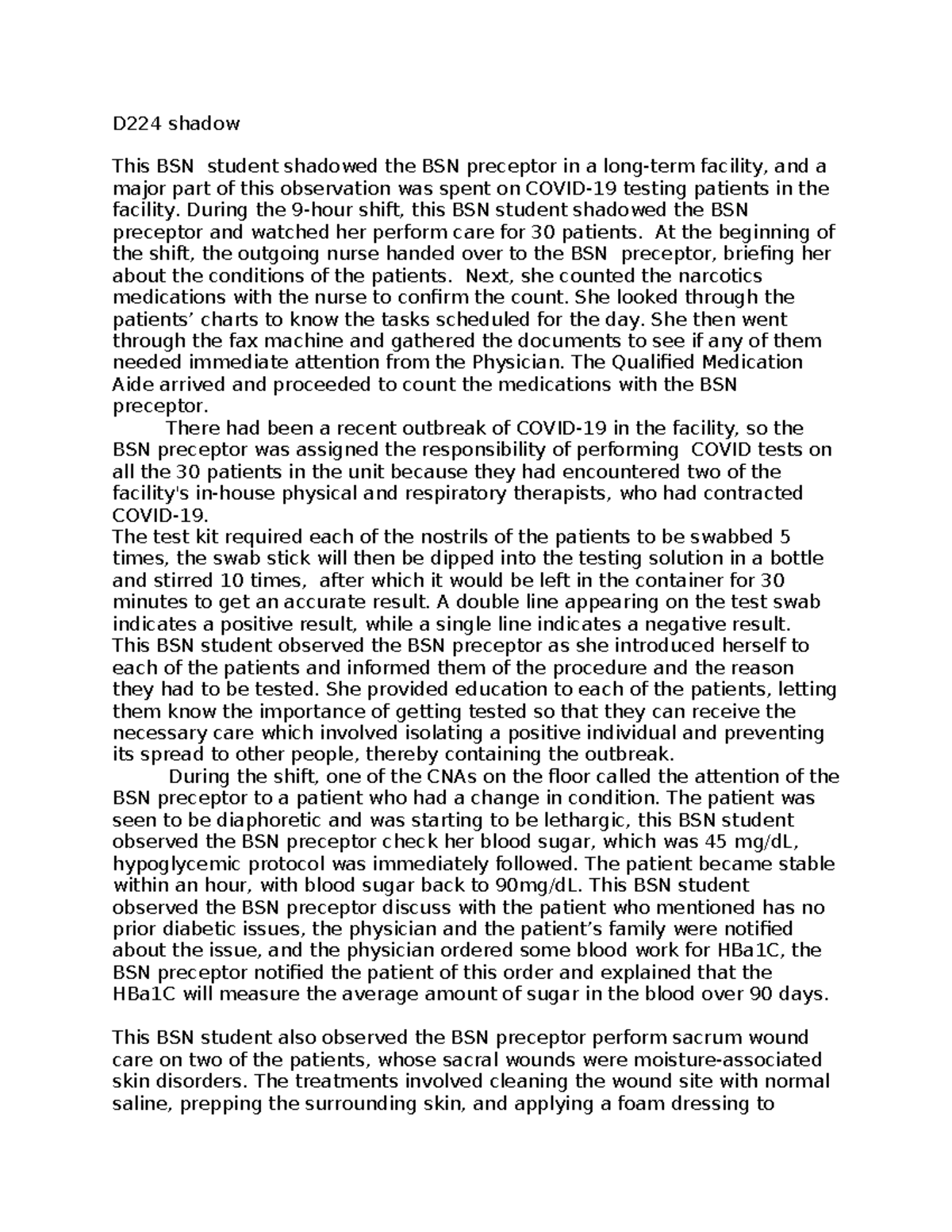 D224 shadow - d224 clinical - D224 shadow This BSN student shadowed the ...