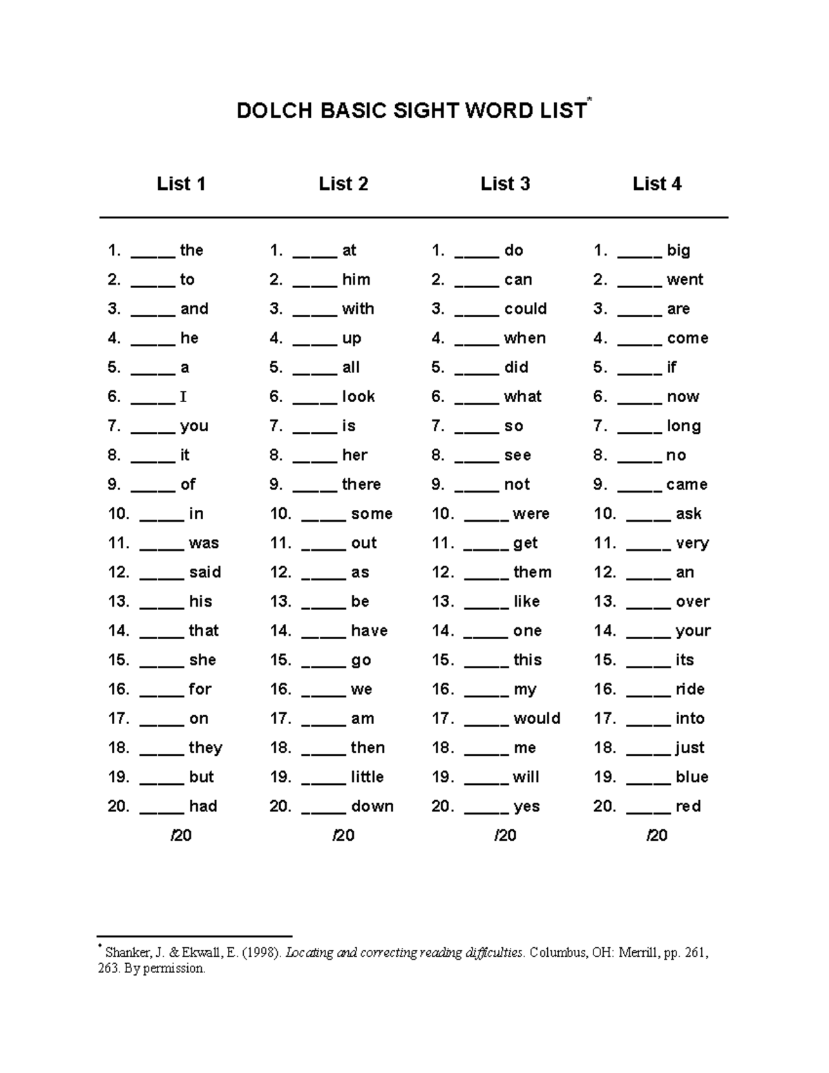 Dolch Basic Sigt Words List - DOLCH BASIC SIGHT WORD LIST * List 1 List ...