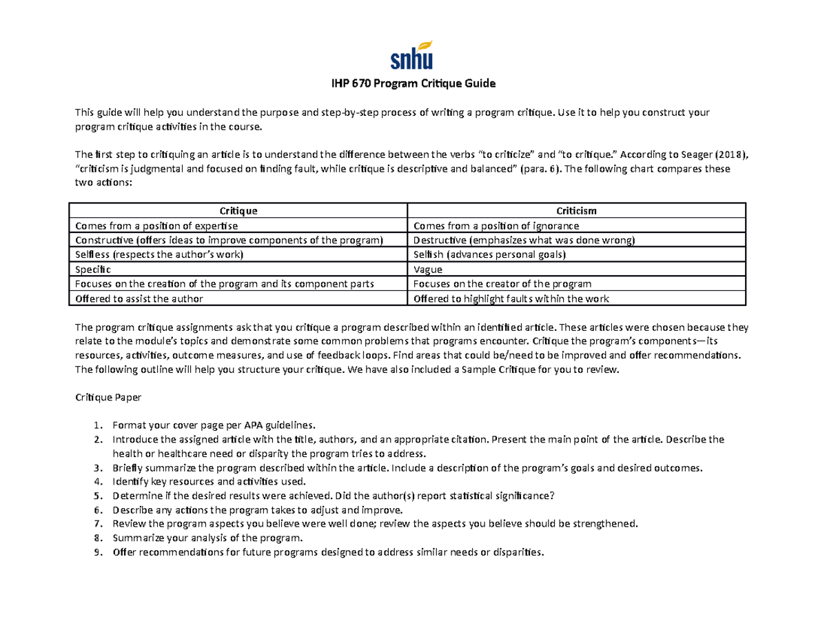 IHP 670 Program Critique Guide - IHP 670 Program Critique Guide This ...