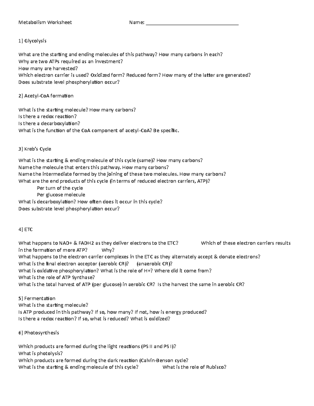 Metabolism Worksheet Name - 3] Kreb’s Cycle What is the starting ...
