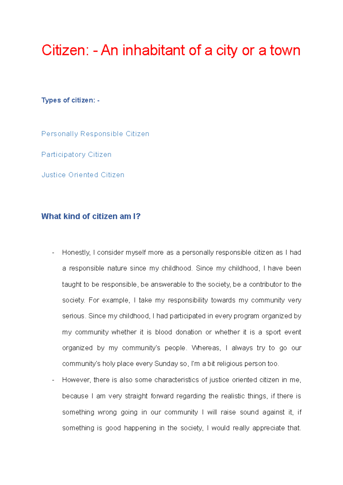 Citizen assignment - Citizen: - An inhabitant of a city or a town Types ...