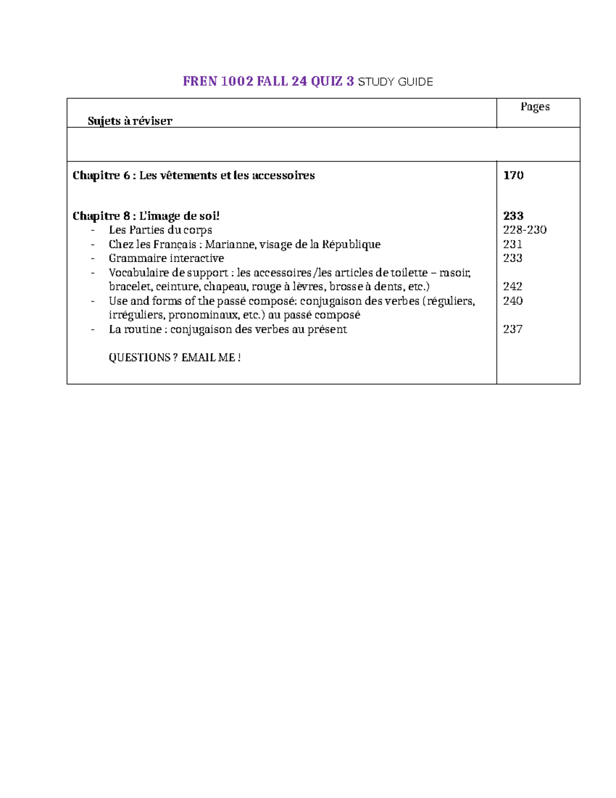 FREN 1002 Quiz 3 Study Guide - FREN 1002 FALL 24 QUIZ 3 STUDY GUIDE 📝 ...
