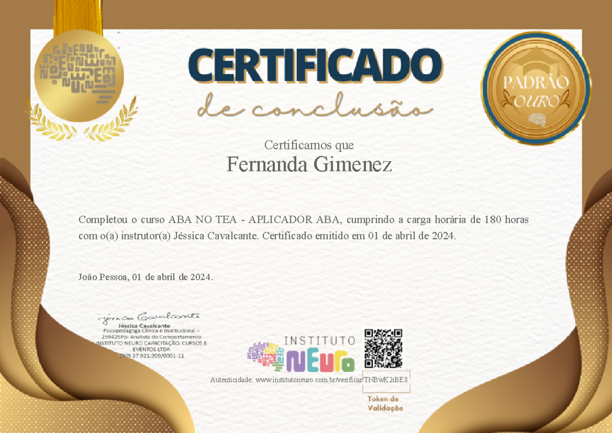 Certificado curso ABA - pedagogia - Certificamos que Fernanda Gimenez ...