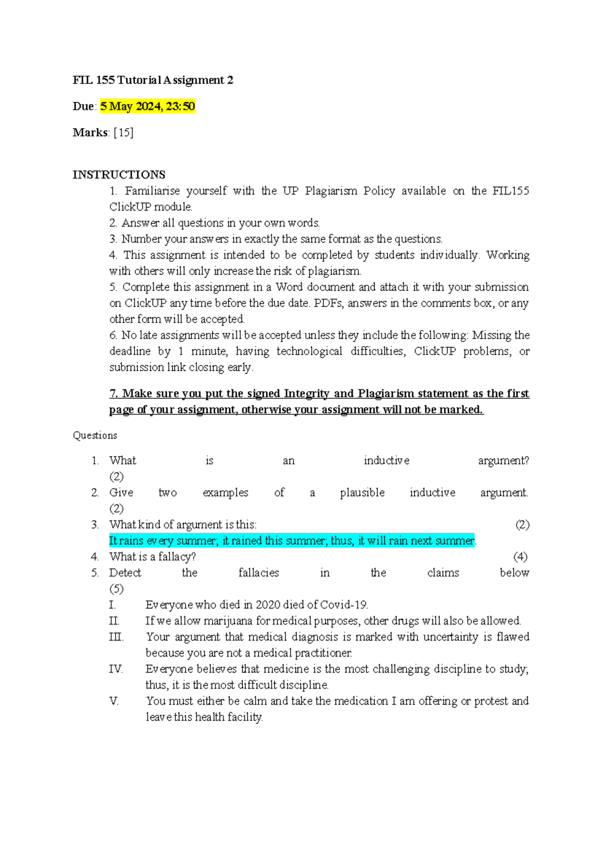 Tutorial Assignment 2 - Familiarise yourself with the UP Plagiarism Policy available on the FIL ...