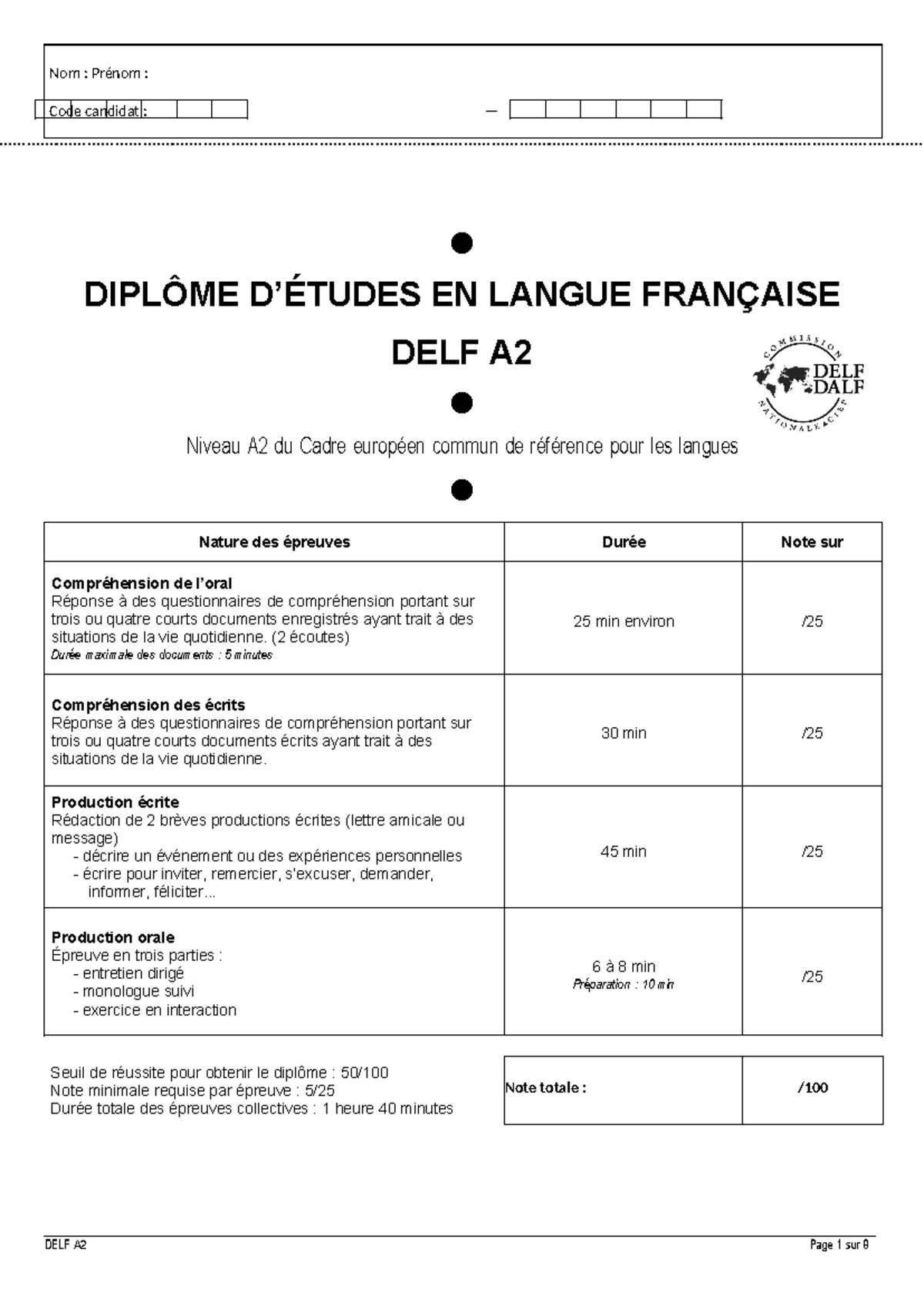 DELF A2 practice exam paper set 2 - Nom : Prénom : Code candidat ...