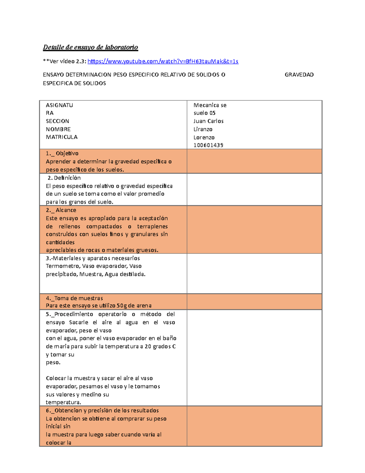 Ficha 2.3, Gravedad especifica de solidos - Detalle de ensayo de ...
