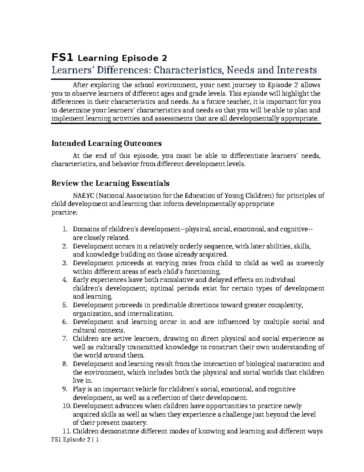FS1EP2 2024 - Hahaha - FS1 Learning Episode 2 Learners’ Differences: Characteristics, Needs and ...