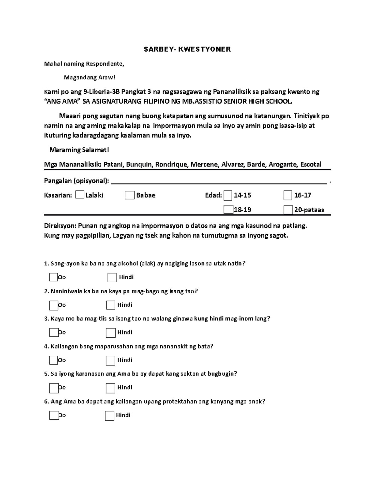 Sarbey - Survey you can use - SARBEY- KWESTYONER Mahal naming ...