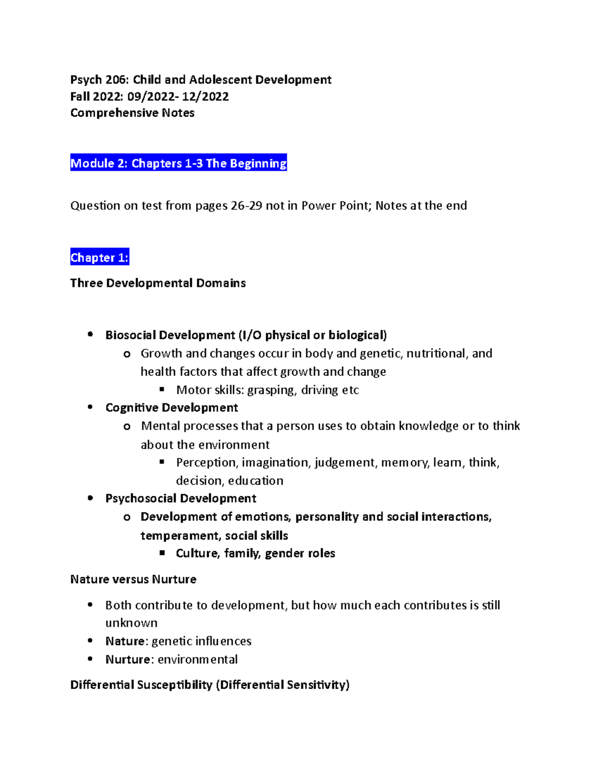 Psych 206 Comprehensive Notes - Psych 206: Child and Adolescent ...