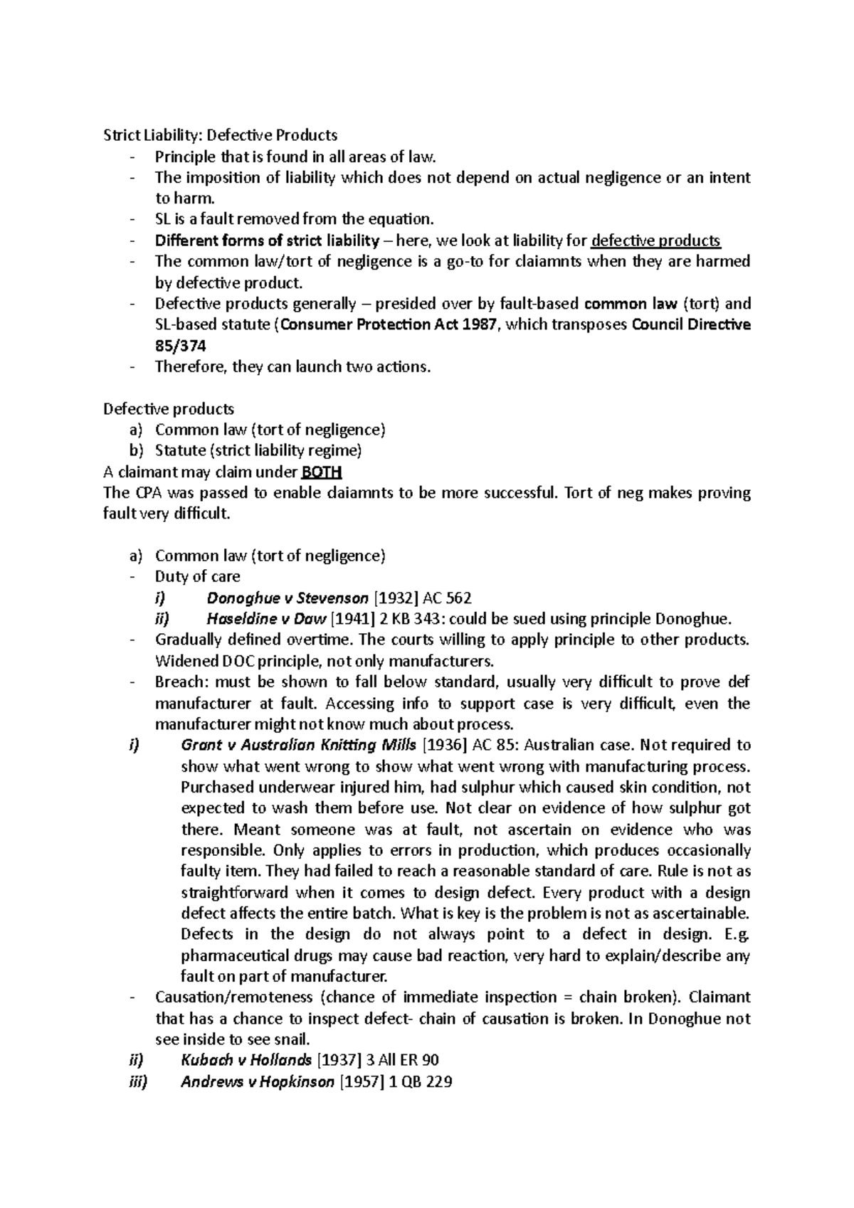 Strict Liability - notes - Strict Liability: Defective Products ...