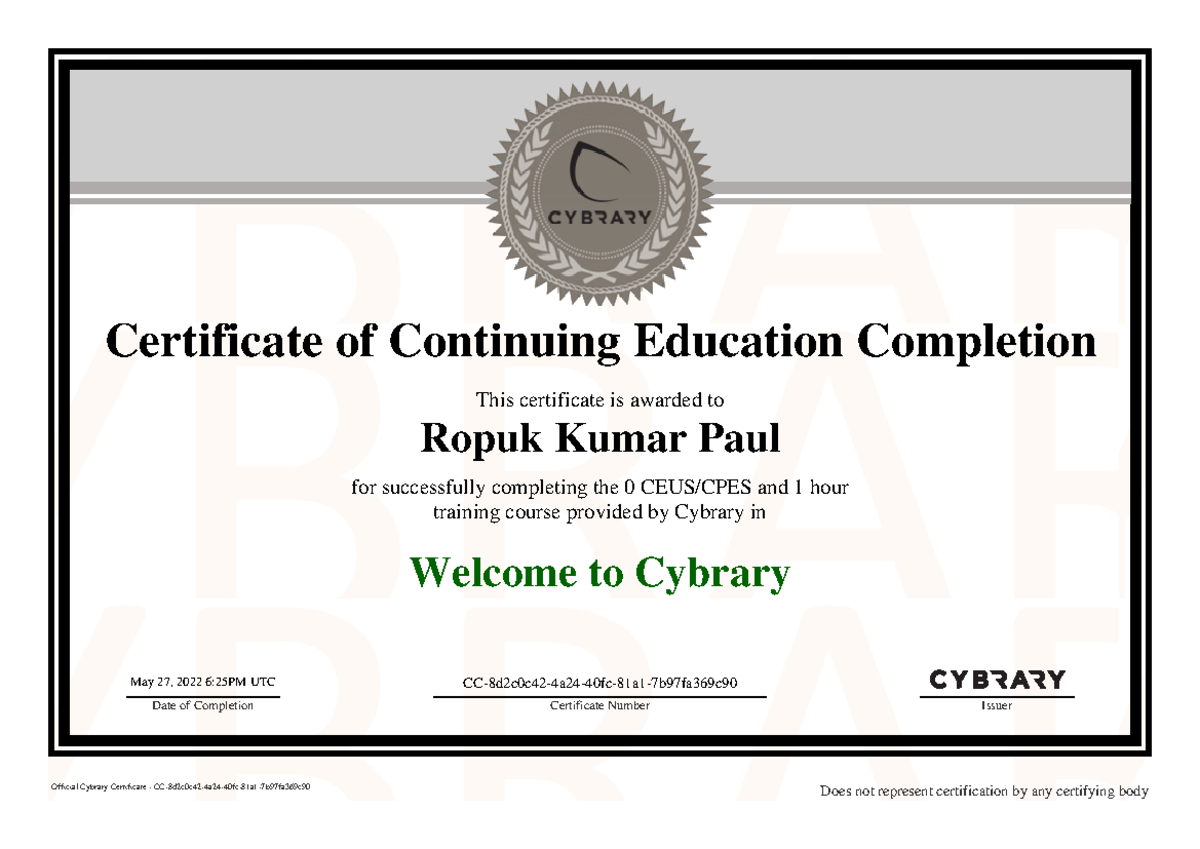 Cybrary cert welcome to cybrary - Cyber Management - Certificate of Continuing Education ...