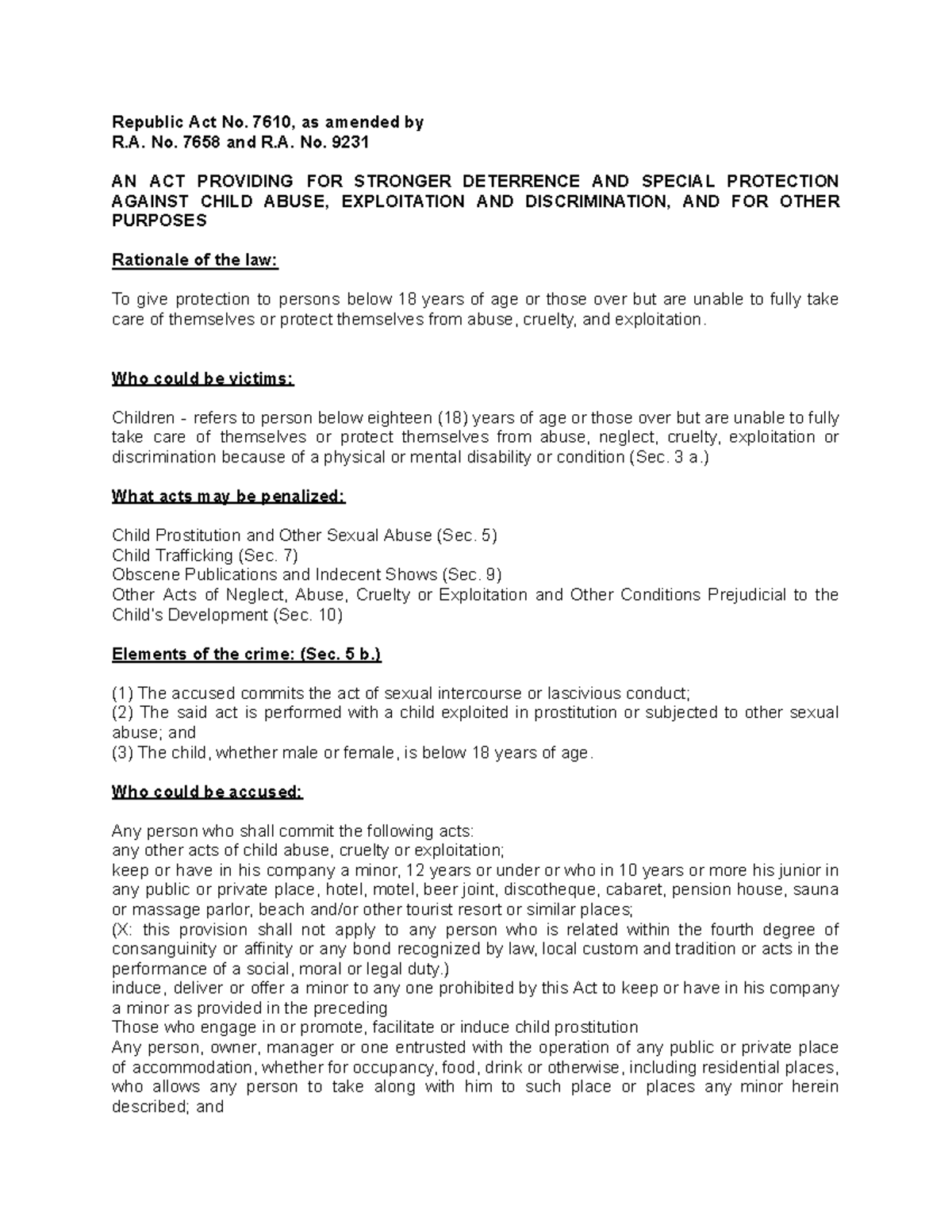 Summary RAM MAUI - RA 7610 and RA 9775 IRR - Republic Act No. 7610, as ...