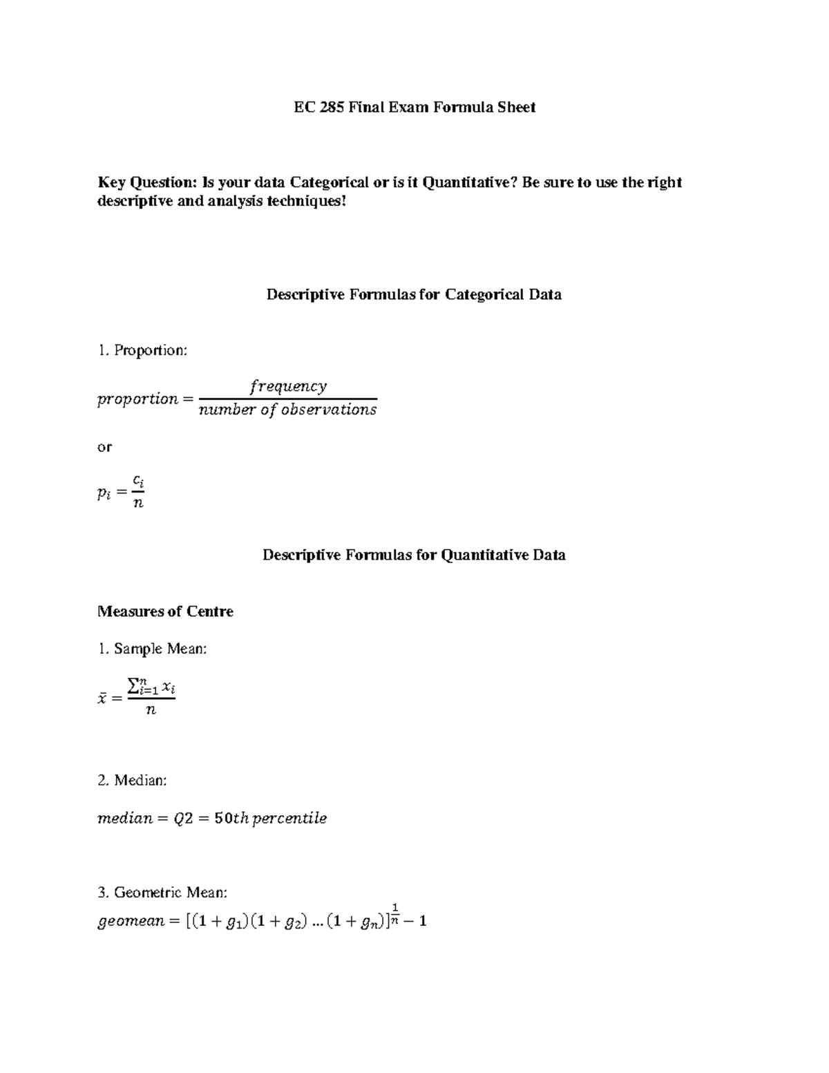 EC 285 Final Exam Formula Sheet - EC 285 Final Exam Formula Sheet Key ...
