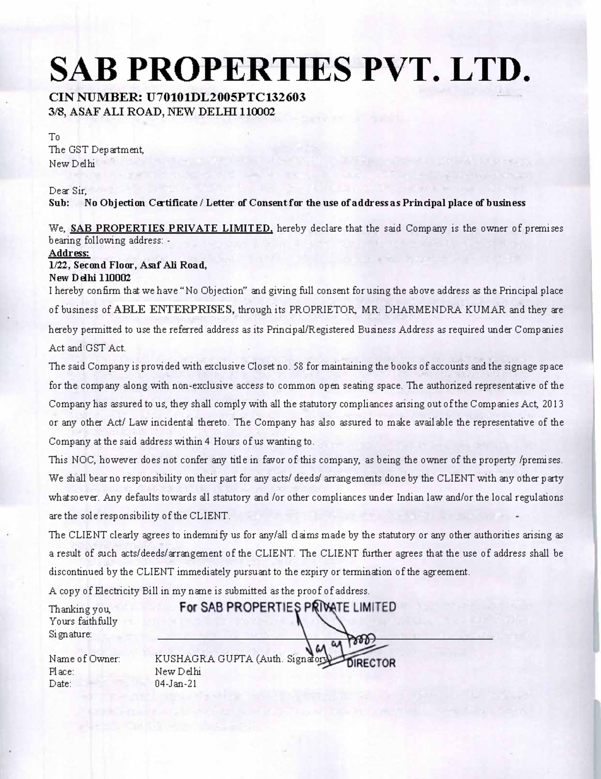 ABLE Enterprises - performa - SAB PROPERTIES PVT. LTD. CIN NUMBER ...