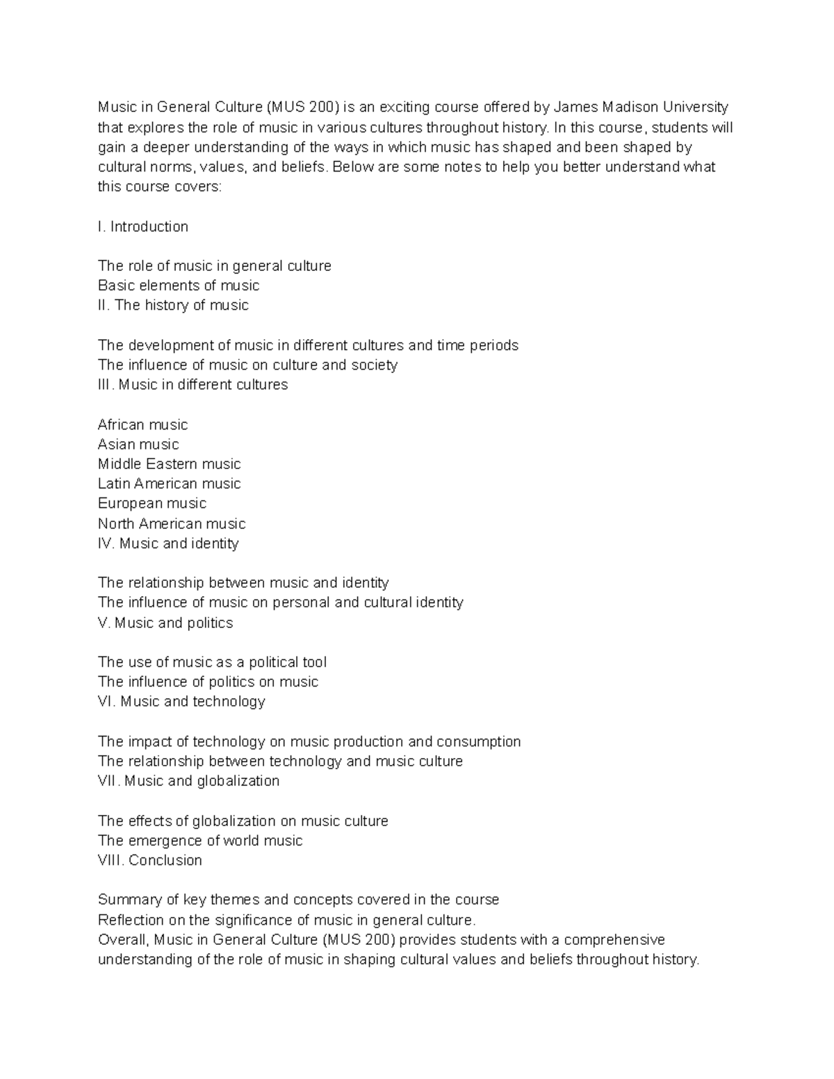 Music in General Culture #1 - In this course, students will gain a ...