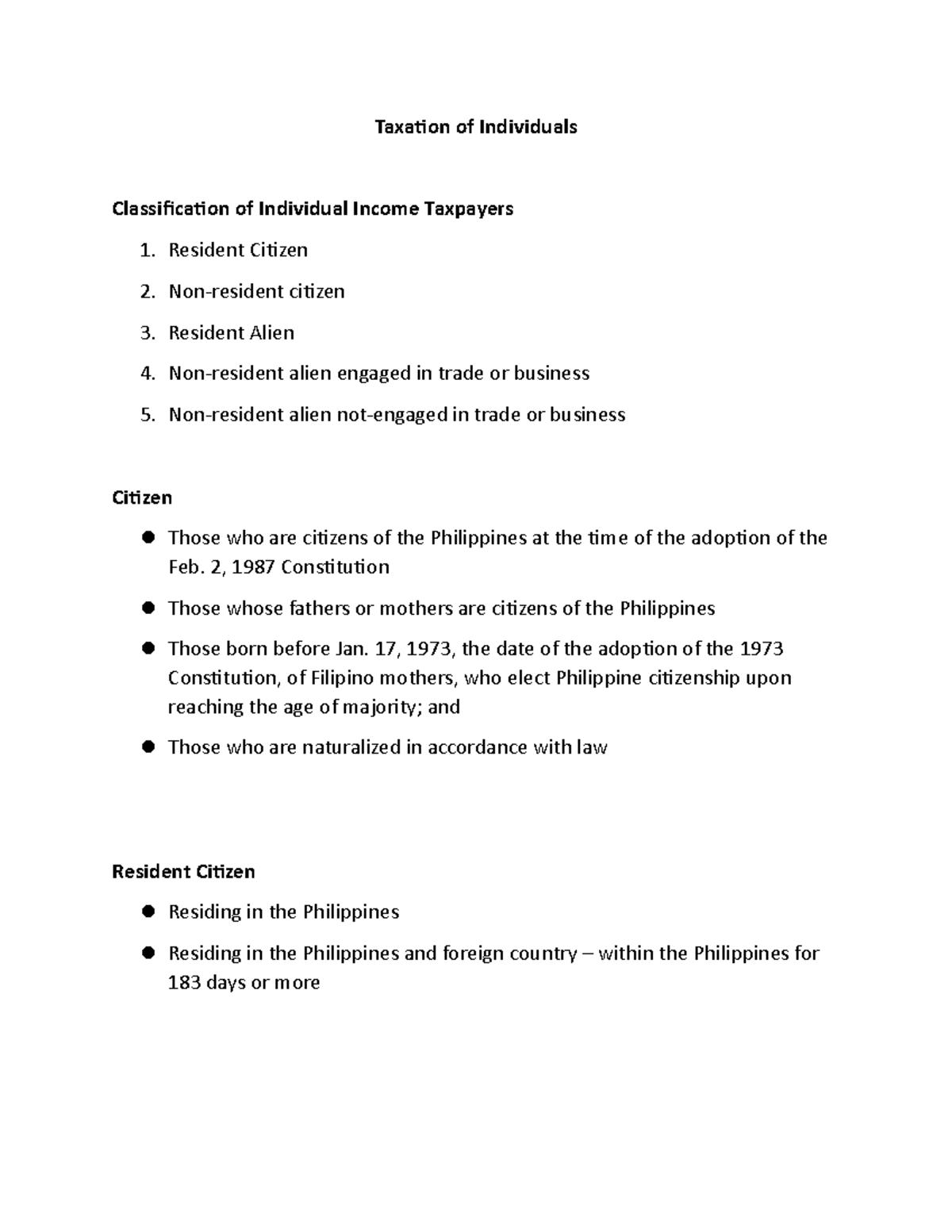 Taxation of Individuals - 1 - Taxation of Individuals Classification of ...