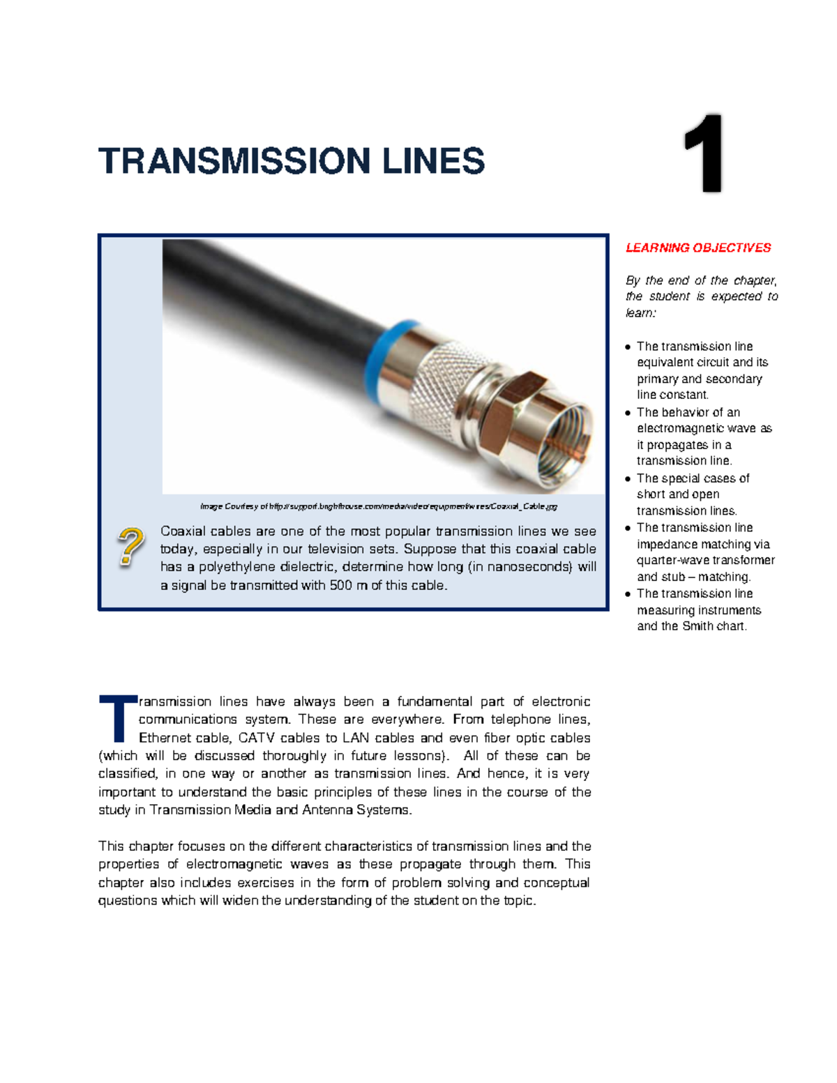 Chapter 1 - Transmission Lines - TRANSMISSION LINES LEARNING OBJECTIVES ...