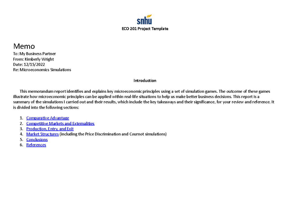 ECO 201 Project Template - ECO 201 Project Template Memo To: My ...