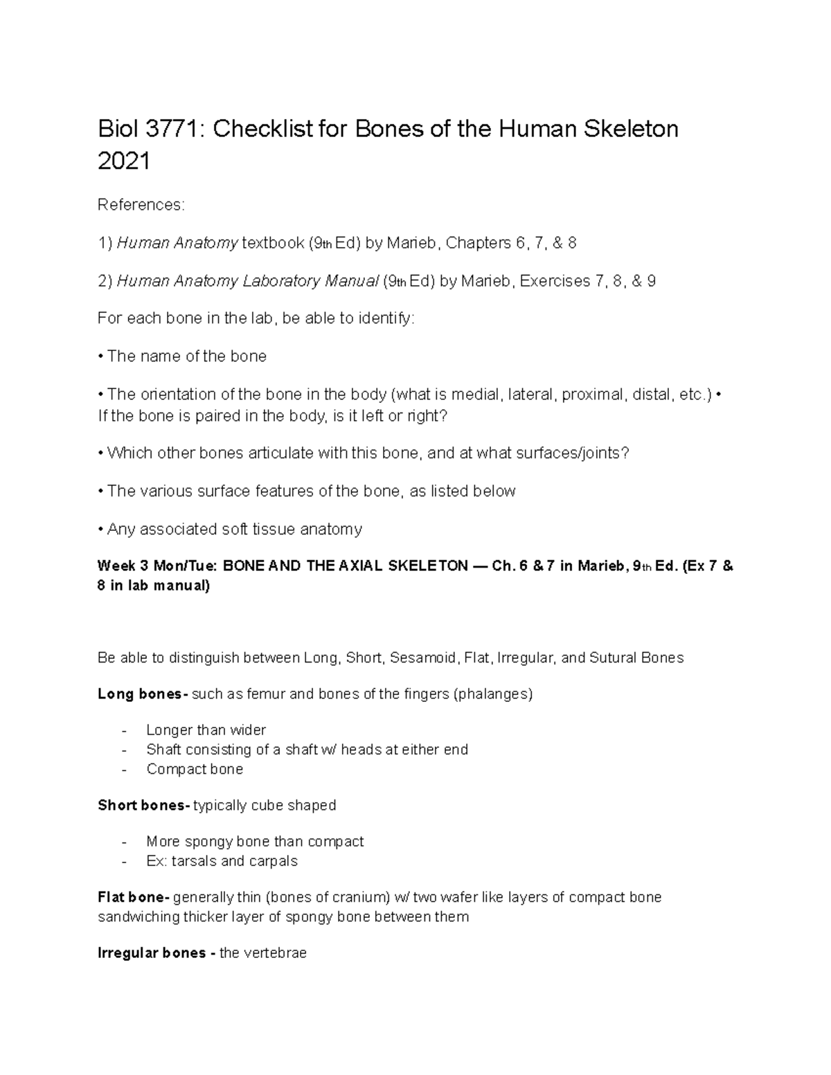Anatomy lab 3 Mon - lab - Biol 3771: Checklist for Bones of the Human ...