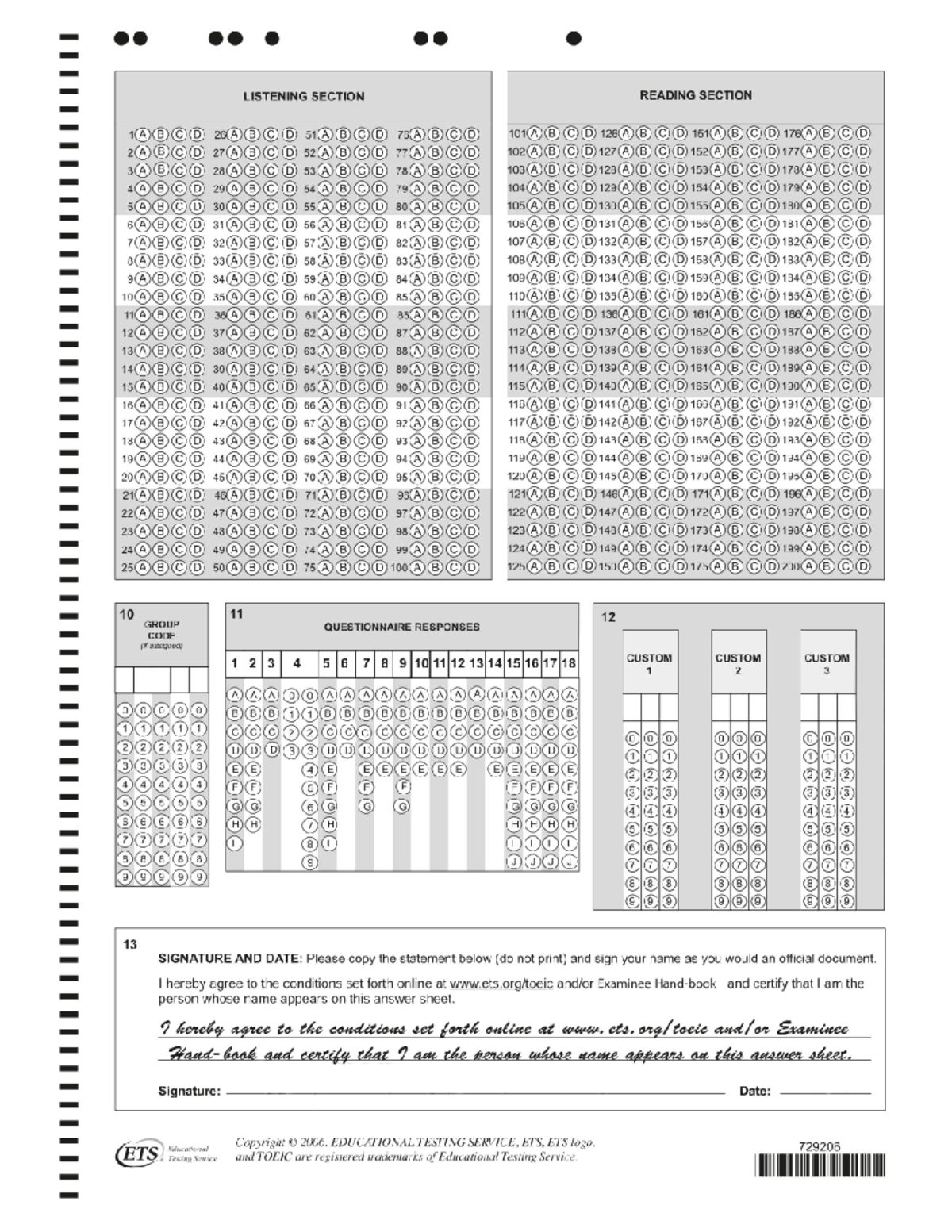 6. Toeic Answer Sheet - LISTENING SECTION READING SECTION 1 B 26 B D B ...