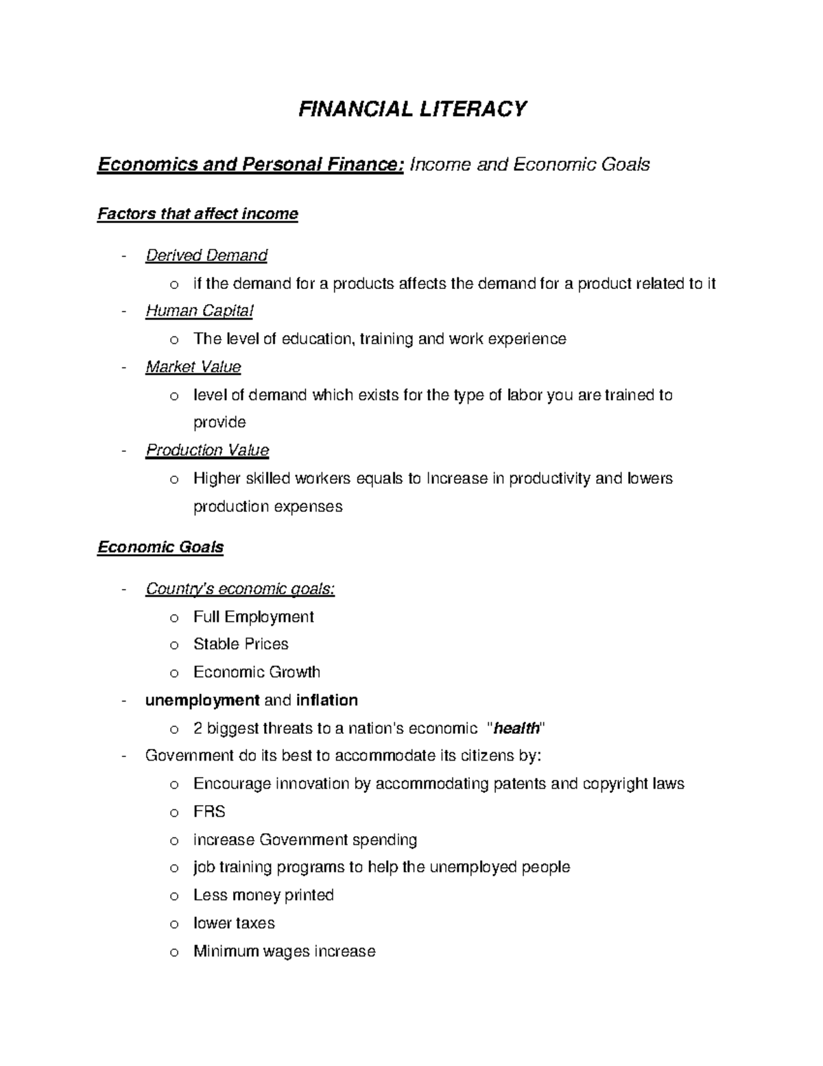 Economics and Personal Finance Income and Economic Goals - FINANCIAL ...