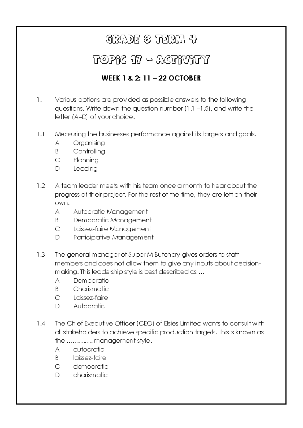 Grade 8 EMS 11 22 OCT - Notes - GRADE 8 TERM 4 TOPIC 17 - ACTIVITY WEEK ...