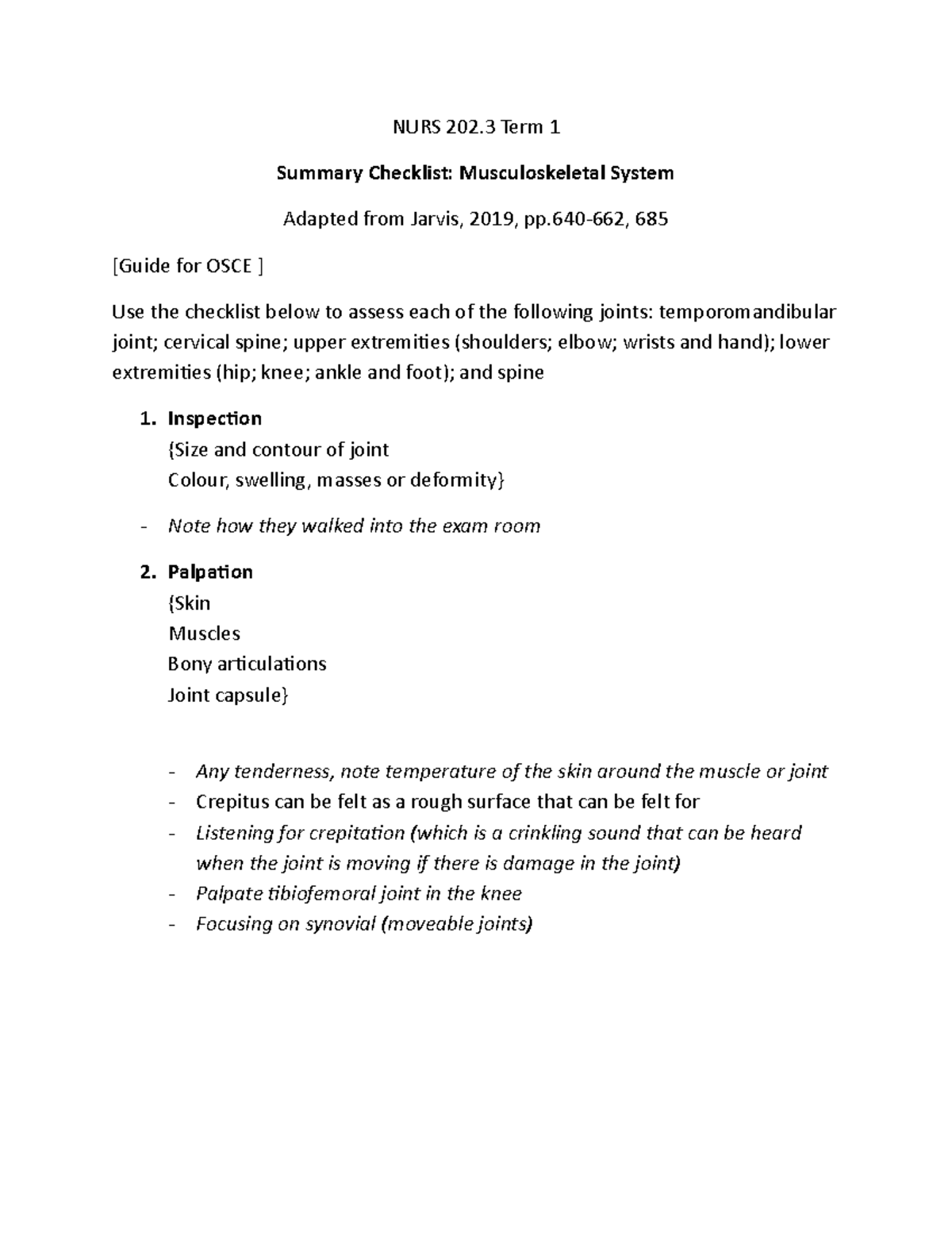 N202Jarvis Checklist Musc Skel2019 - NURS 202 Term 1 Summary Checklist ...