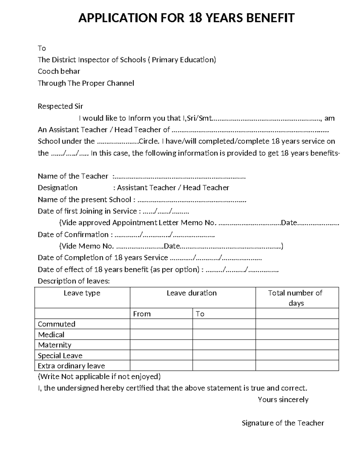 Application FOR 18 Years Benefit - APPLICATION FOR 18 YEARS BENEFIT To ...