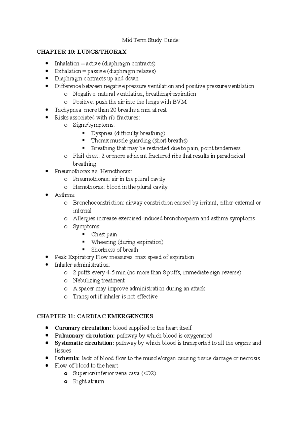 Emergency Mid Term Study Guide - Mid Term Study Guide: CHAPTER 10: LUNGS/THORAX Inhalation ...