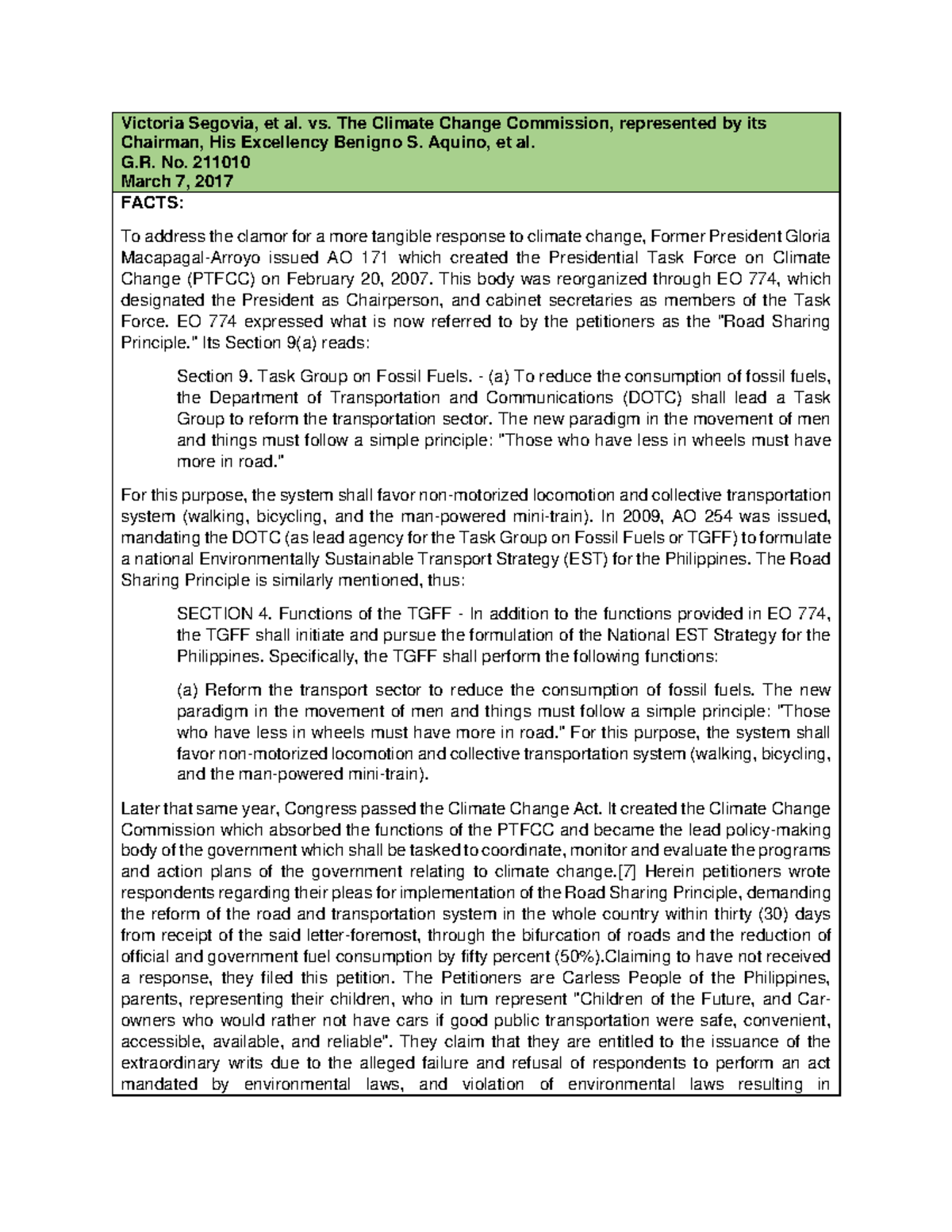 Case Digest - Victoria Segovia v CCC (GR 211010) - Victoria Segovia, et ...