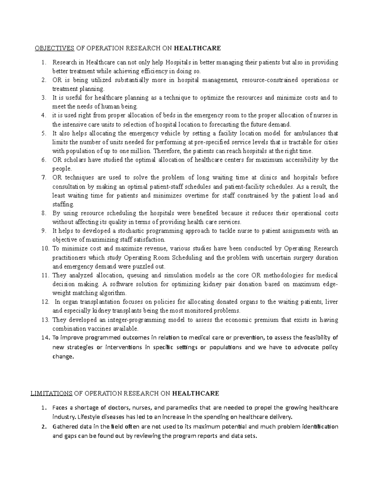 Operation Research ON Healthcare - OBJECTIVES OF OPERATION RESEARCH ON ...