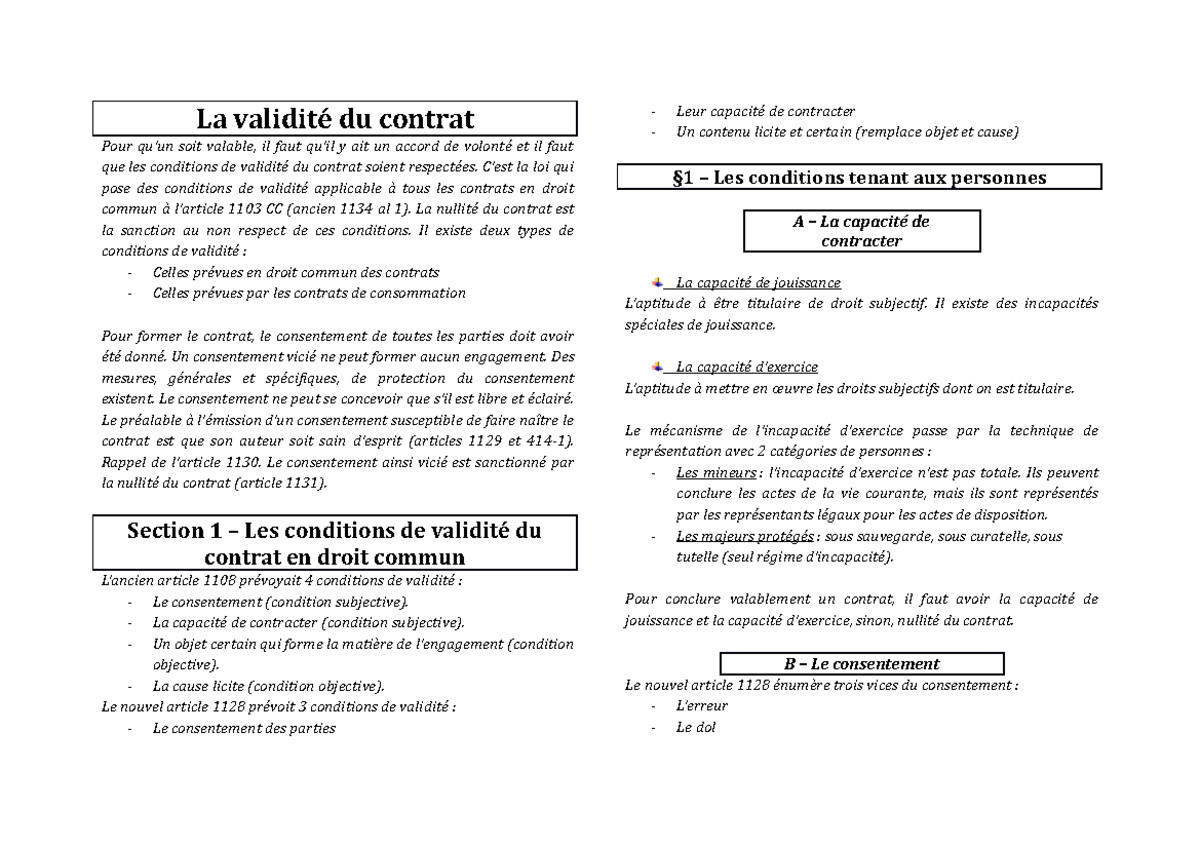 Fiches Consentement - La du contrat Pour soit valable, il faut y ait un ...