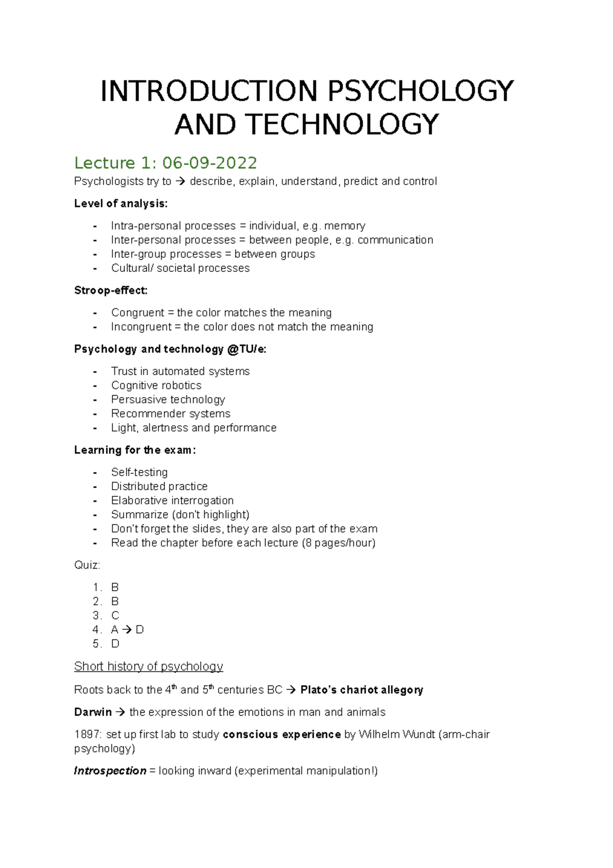 Notes intro PT - INTRODUCTION PSYCHOLOGY AND TECHNOLOGY Lecture 1: 06 ...