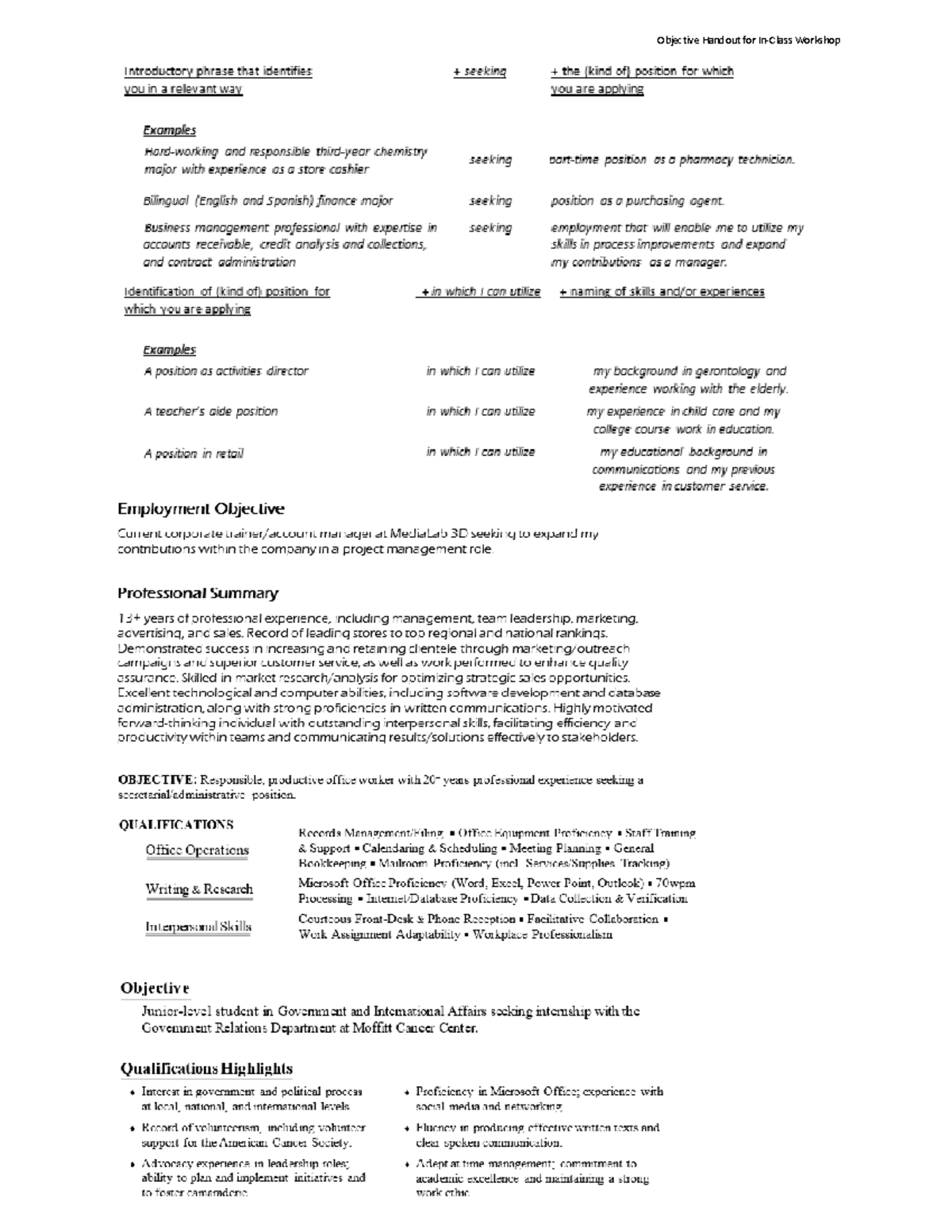 3Obj Handout For Workshop Session - Objective Handout for In-Class ...
