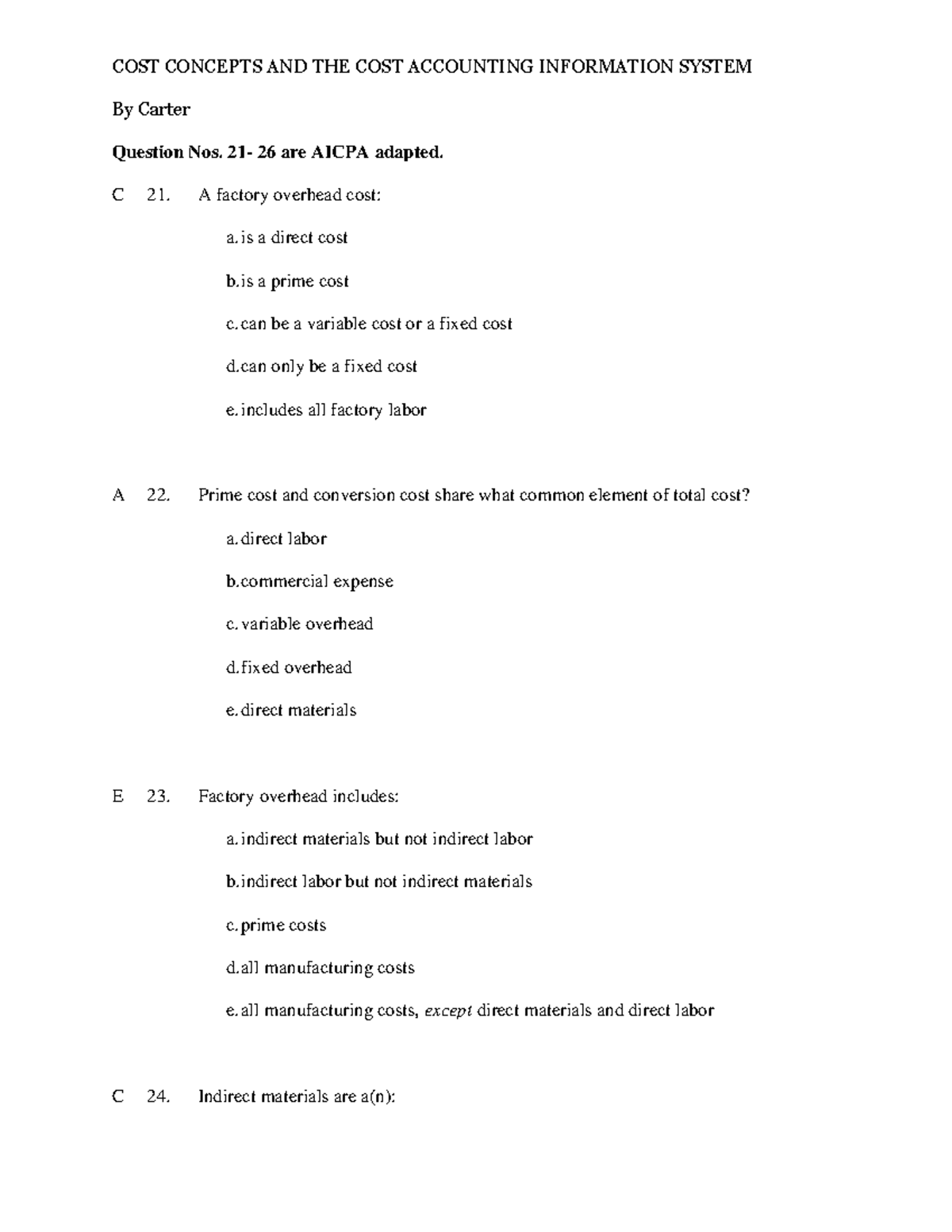 C2 (MC)- COST Accounting BY Carter (PART3) - By Carter Question Nos. 21 ...