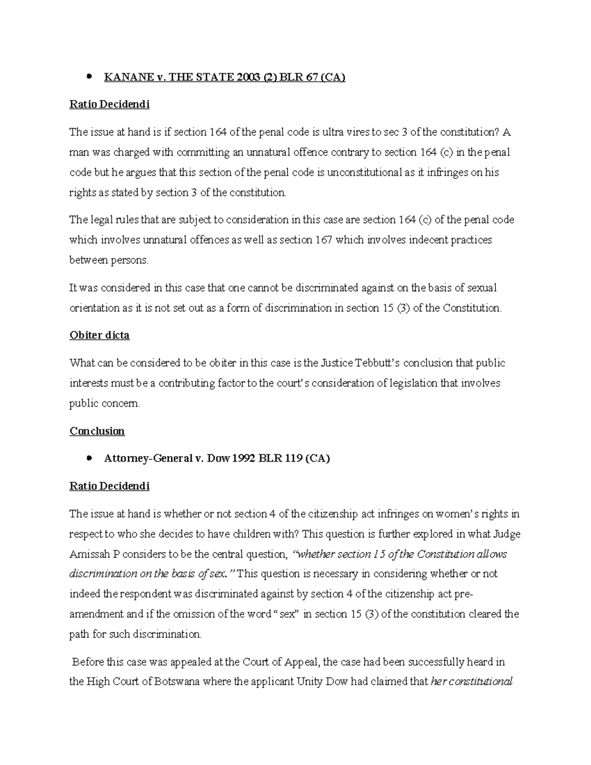 Law 131 Case analysis - obiter and ratio of Kanane - KANANE v. THE ...