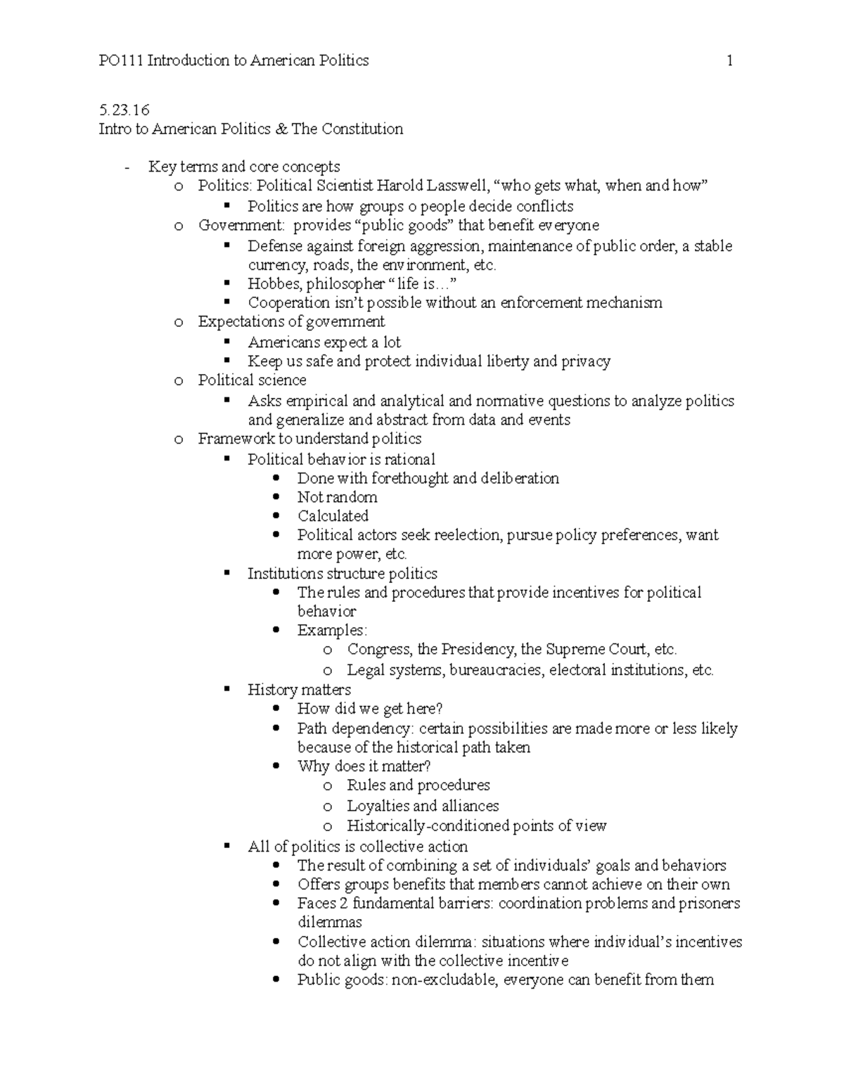 PO111 Introduction to American Politics Notes - 5. Intro to American ...